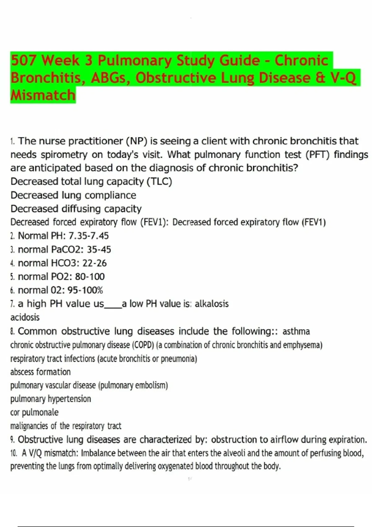 507 Week 3 Pulmonary Study Guide – Chronic Bronchitis, ABGs ...