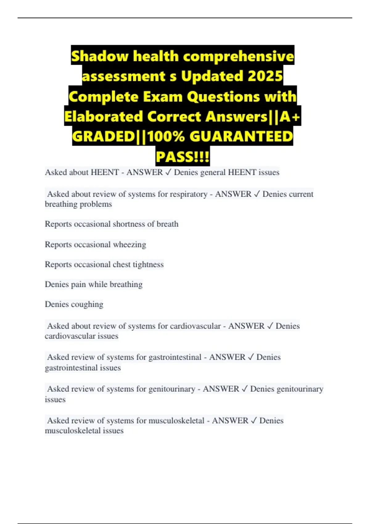 Shadow health comprehensive assessment s Updated 2025 Complete Exam ...
