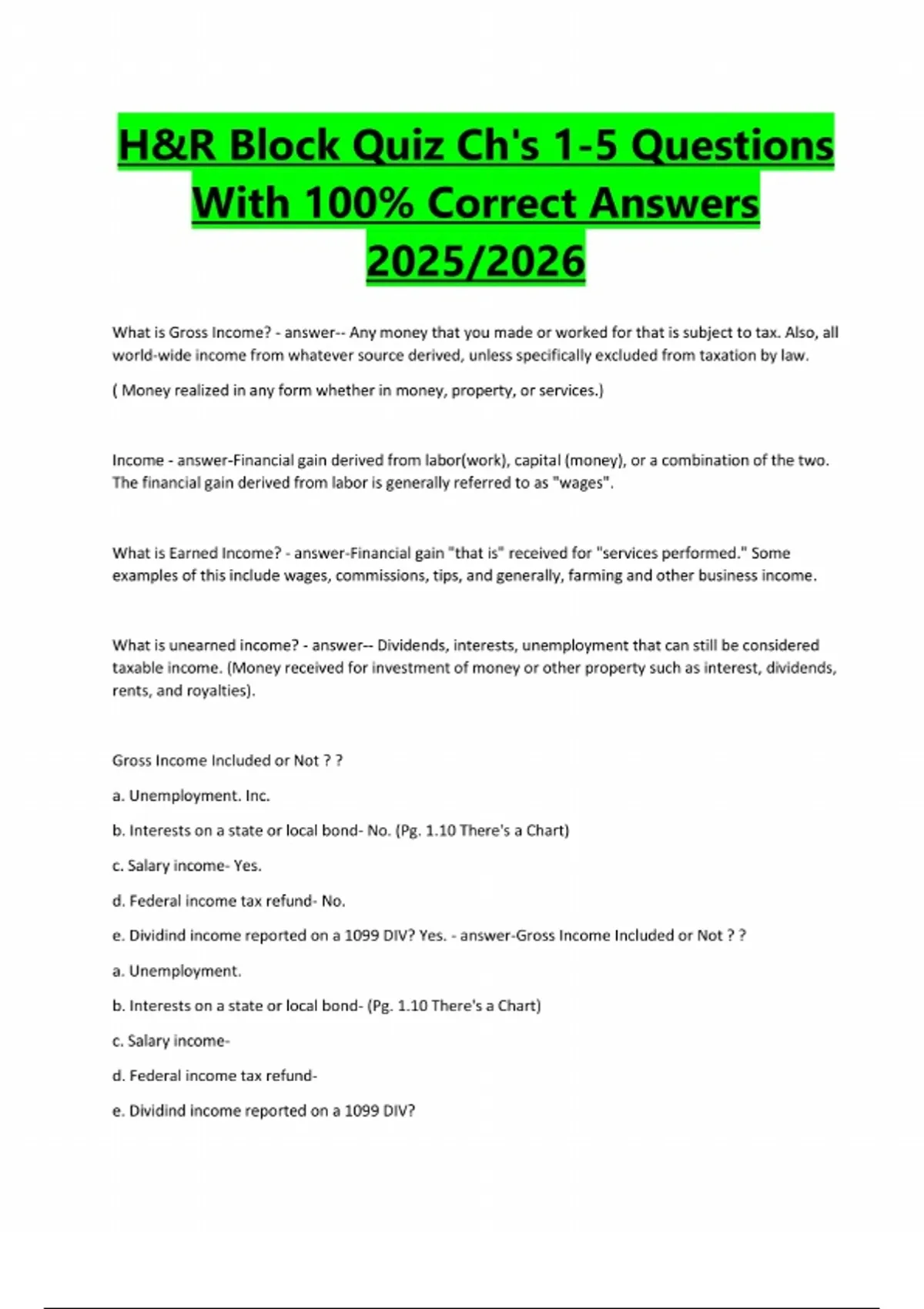 H&R Block Quiz Ch's 1-5 Questions With 100% Correct Answers 2025/2026 ...