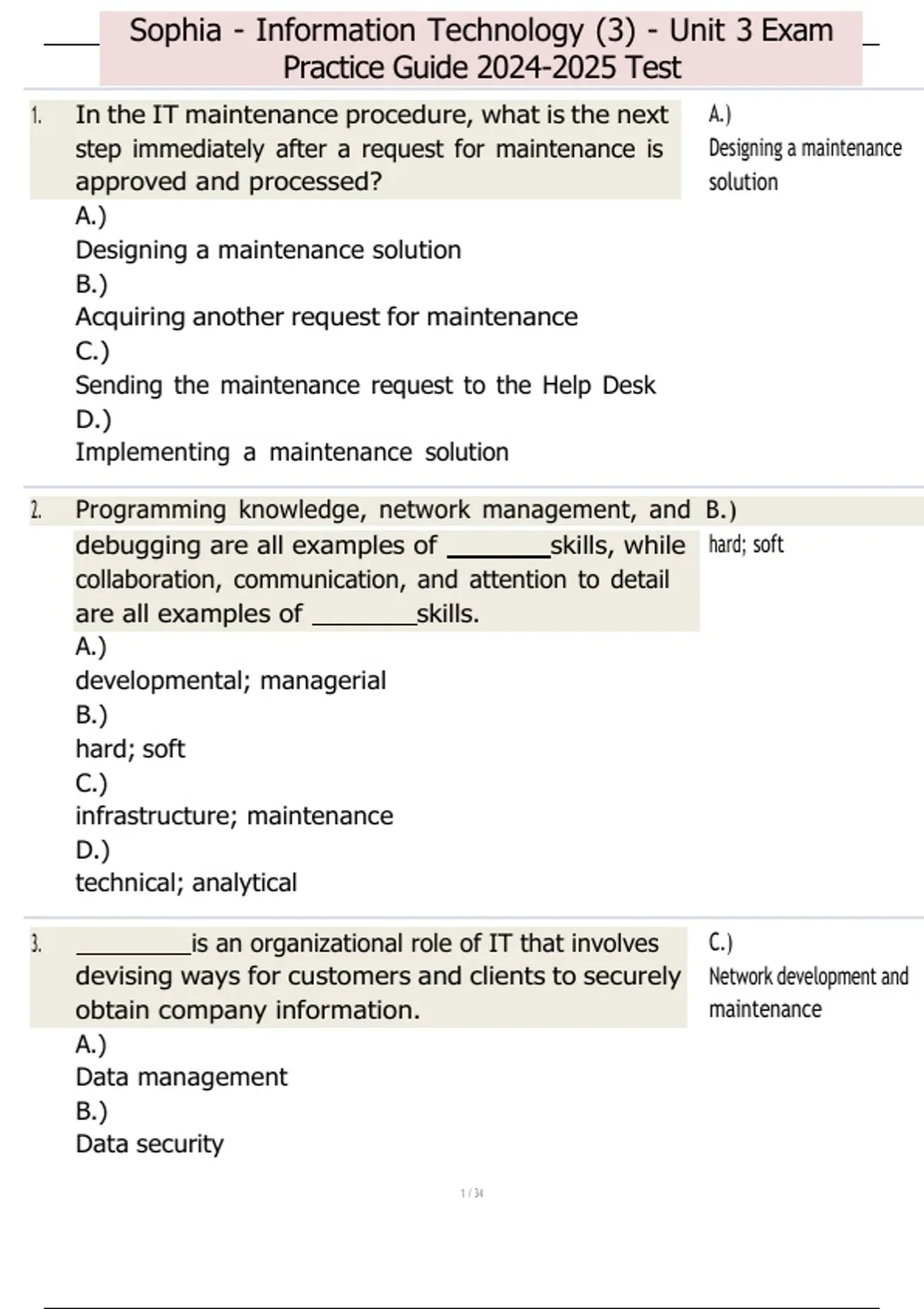 Sophia - Information Technology (3) - Unit 3 Exam Practice Guide Test ...