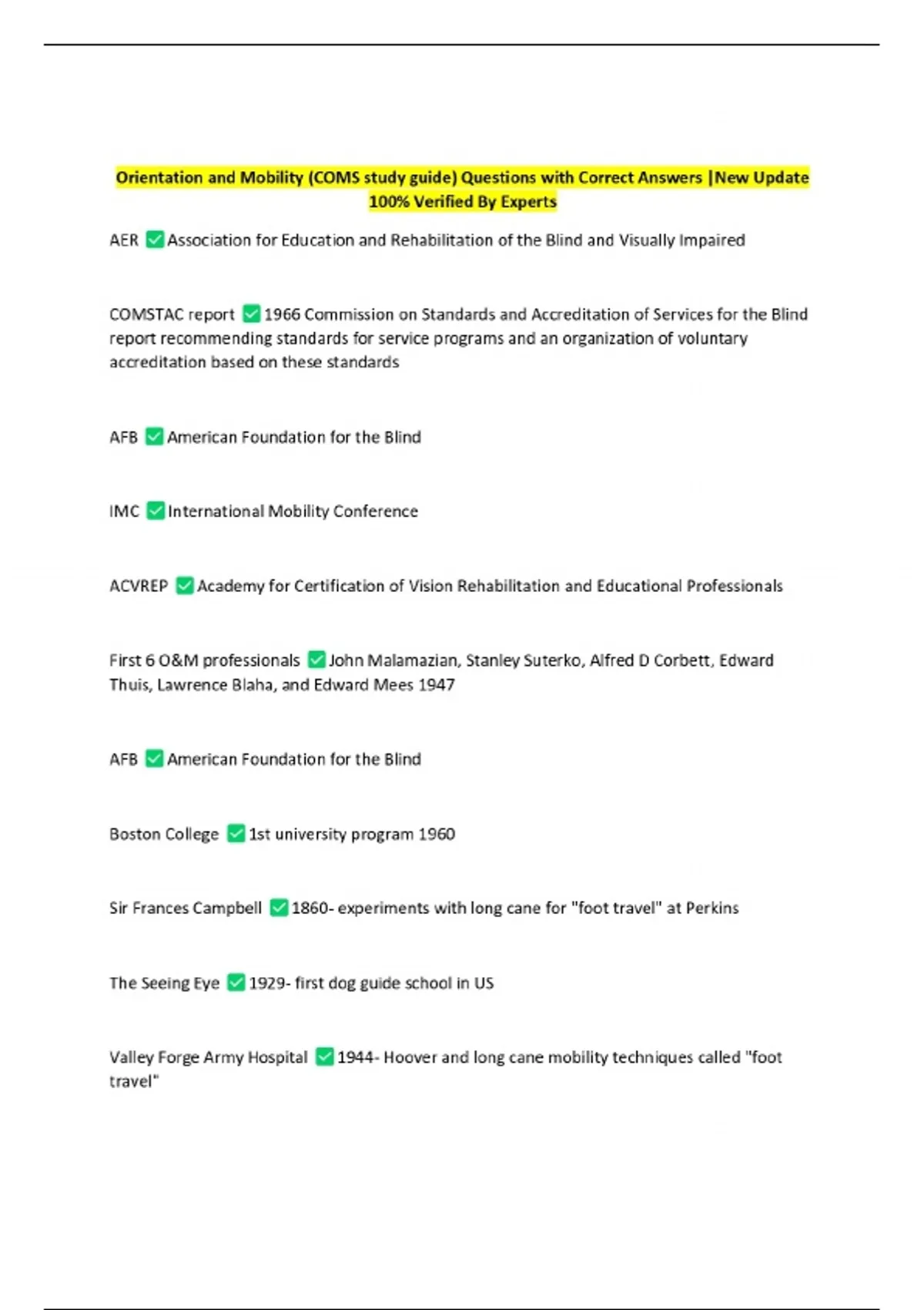 Orientation and Mobility (COMS study guide) Questions with Correct ...