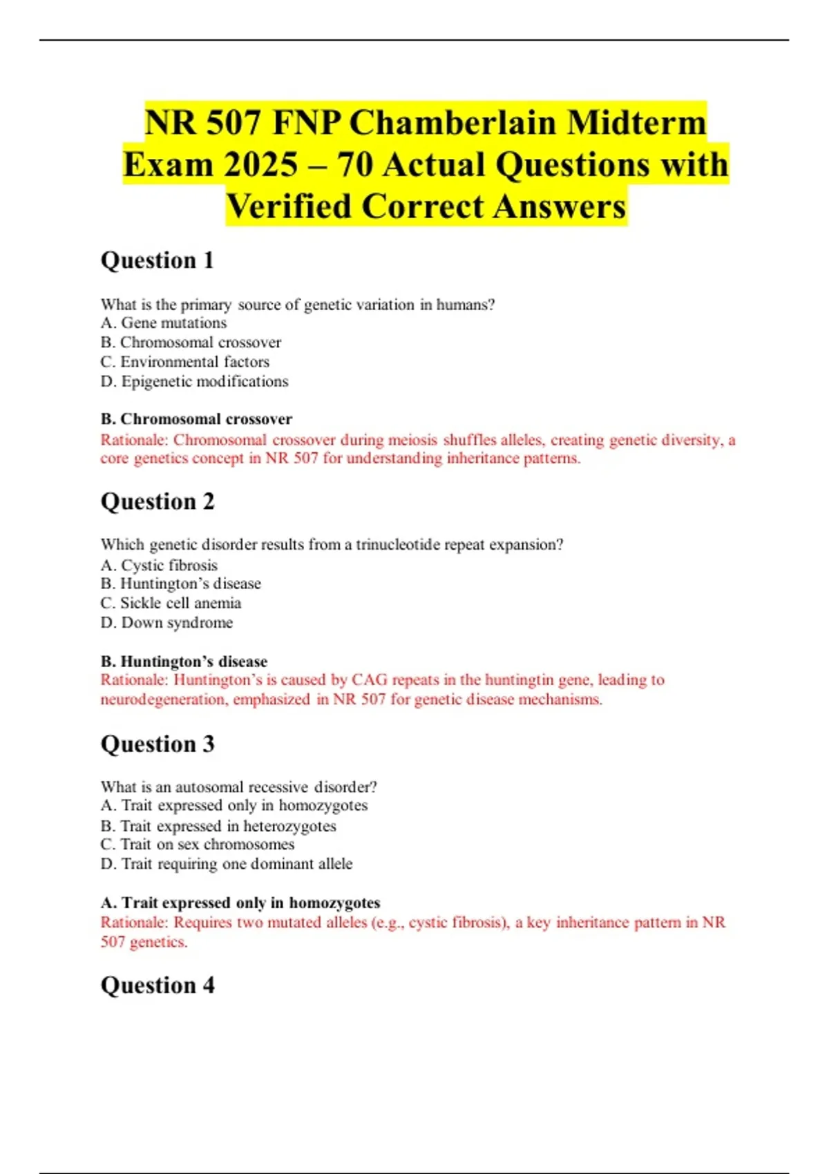 NR 507 FNP Chamberlain Midterm Exam 2025 – 70 Actual Questions with ...