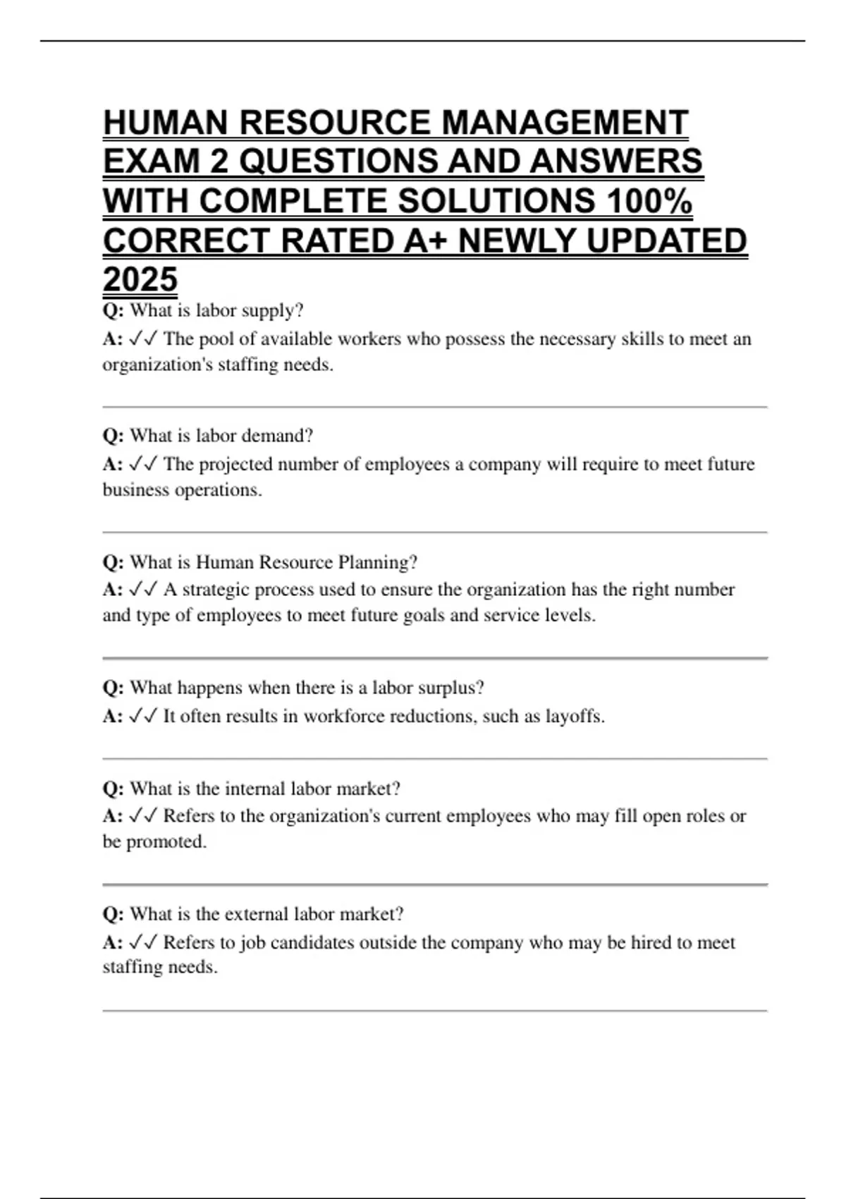HUMAN RESOURCE MANAGEMENT EXAM 2 QUESTIONS AND ANSWERS WITH COMPLETE ...