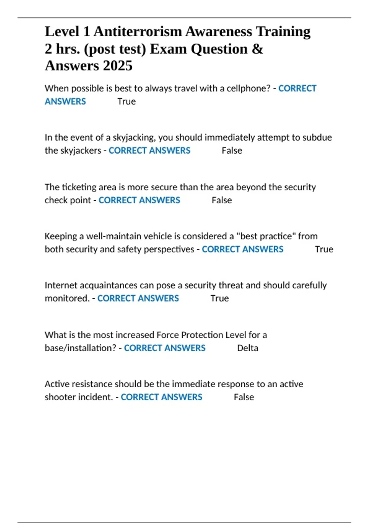 Level 1 Antiterrorism Awareness Training 2 hrs. (post test) Exam ...