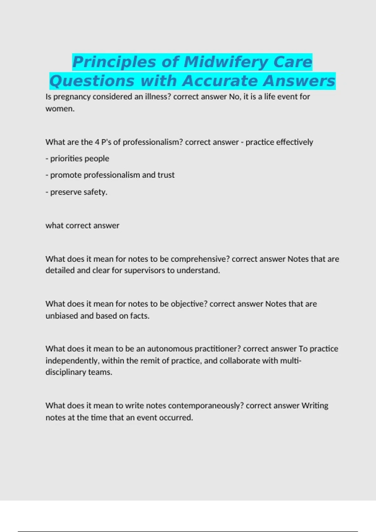 Principles of Midwifery Care Questions with Accurate Answers - Midwife ...