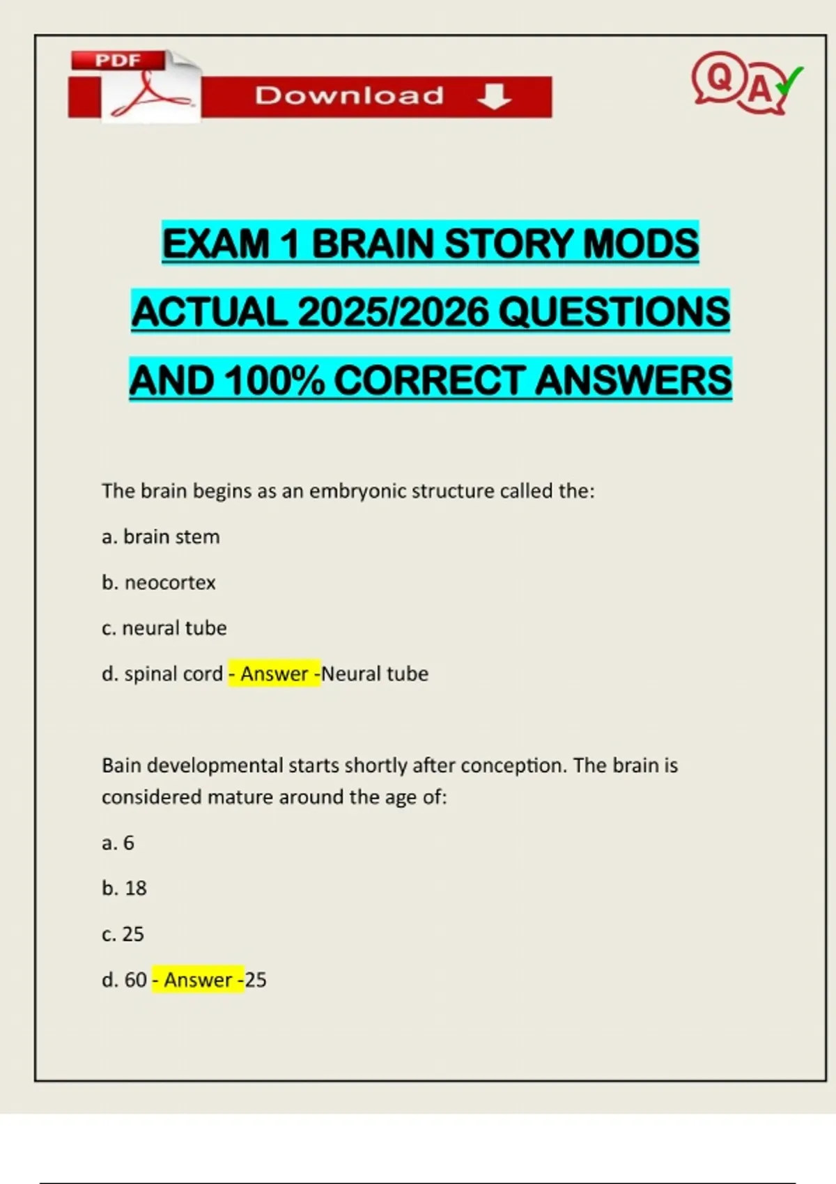 EXAM 1 BRAIN STORY MODS ACTUAL 2025/2026 QUESTIONS AND 100% CORRECT ...