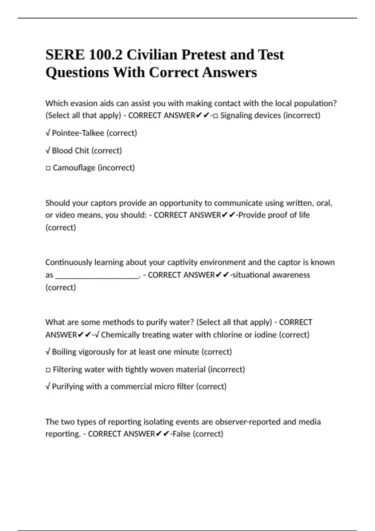 SERE 100.2 Civilian Pretest and Test Questions With Correct Answers ...