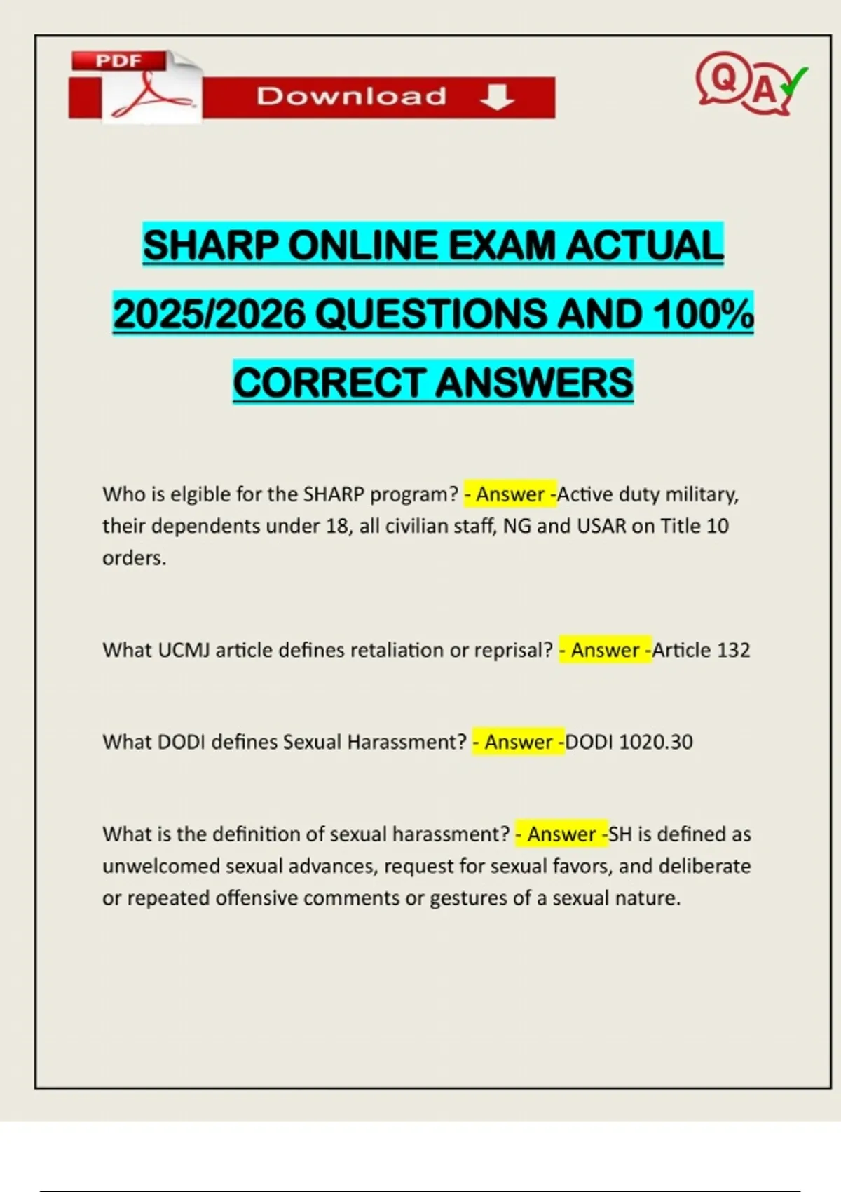 SHARP ONLINE EXAM ACTUAL 2025/2026 QUESTIONS AND 100% CORRECT ANSWERS ...