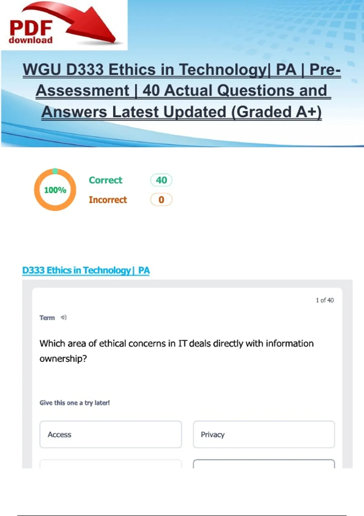 WGU D333 Ethics in Technology | PA | Pre-Assessment | 40 Actual ...