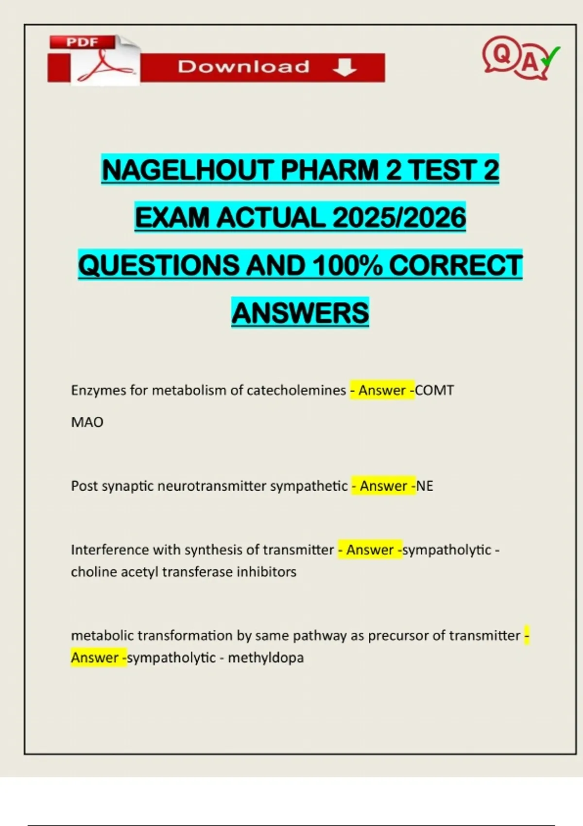 NAGELHOUT PHARM 2 TEST 2 EXAM ACTUAL 2025/2026 QUESTIONS AND 100% ...