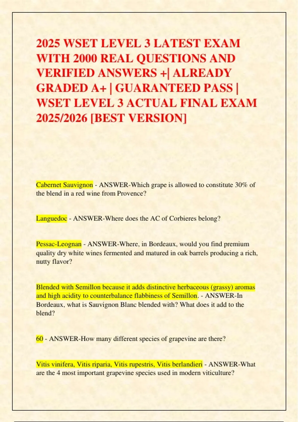 2025 WSET LEVEL 3 LATEST EXAM WITH 2000 REAL QUESTIONS AND VERIFIED ...
