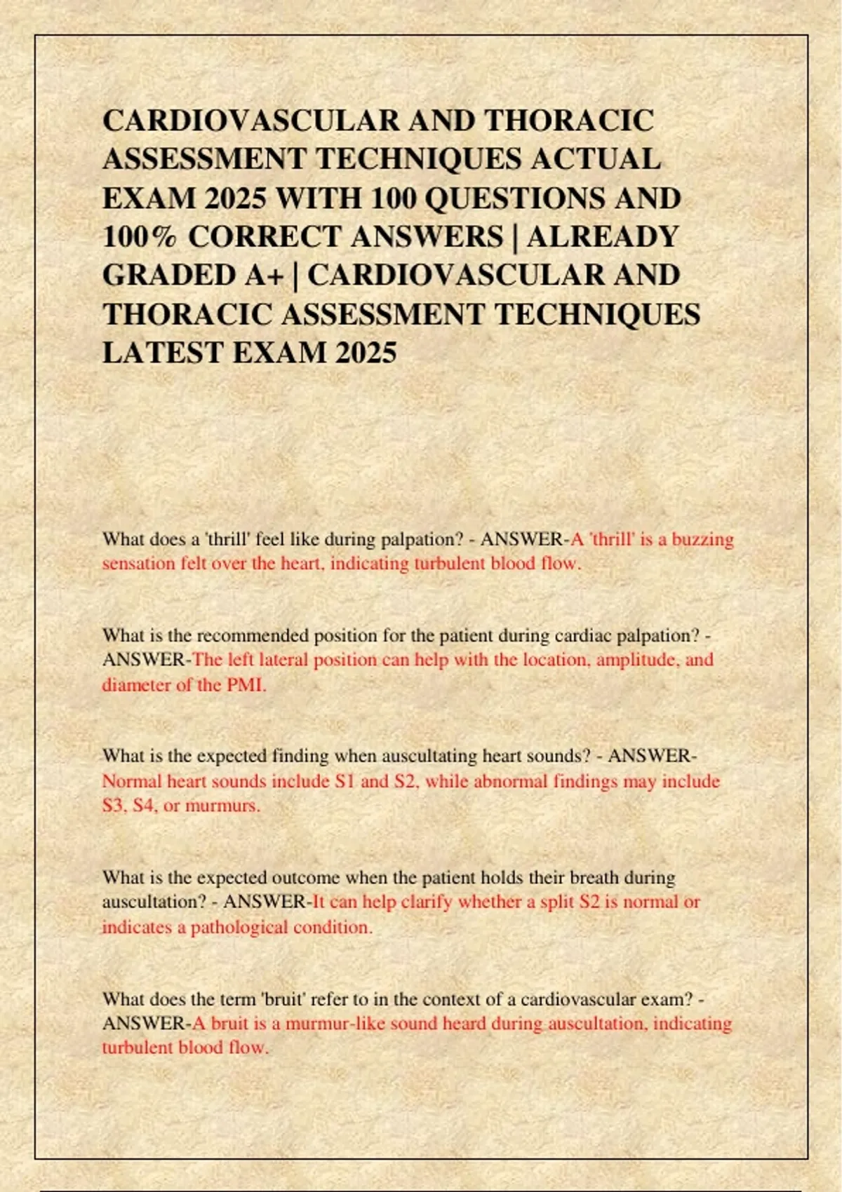 CARDIOVASCULAR AND THORACIC ASSESSMENT TECHNIQUES ACTUAL EXAM 2025 WITH ...