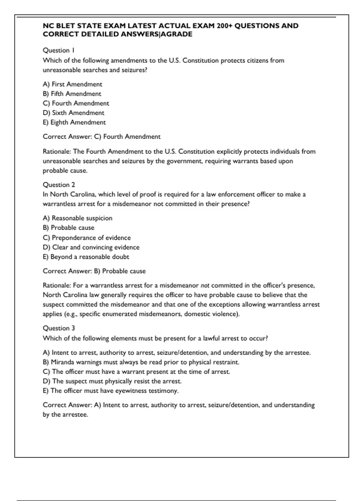 NC BLET STATE EXAM LATEST ACTUAL EXAM 200+ QUESTIONS AND CORRECT ...