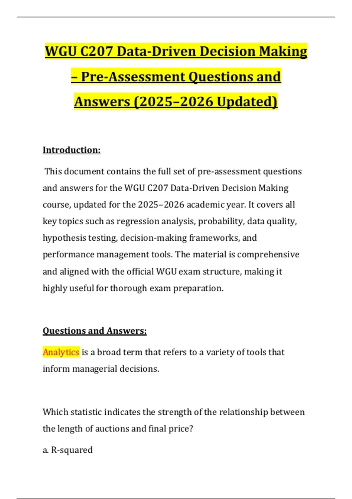 WGU C207 Data-Driven Decision Making – Pre-Assessment Questions and ...