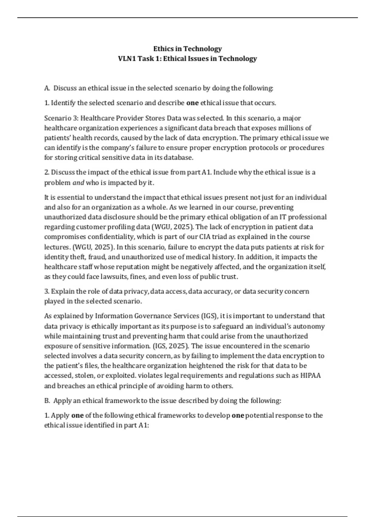 VLN1 Task 1: Ethical Issues in Technology | Ethics in Technology WGU ...