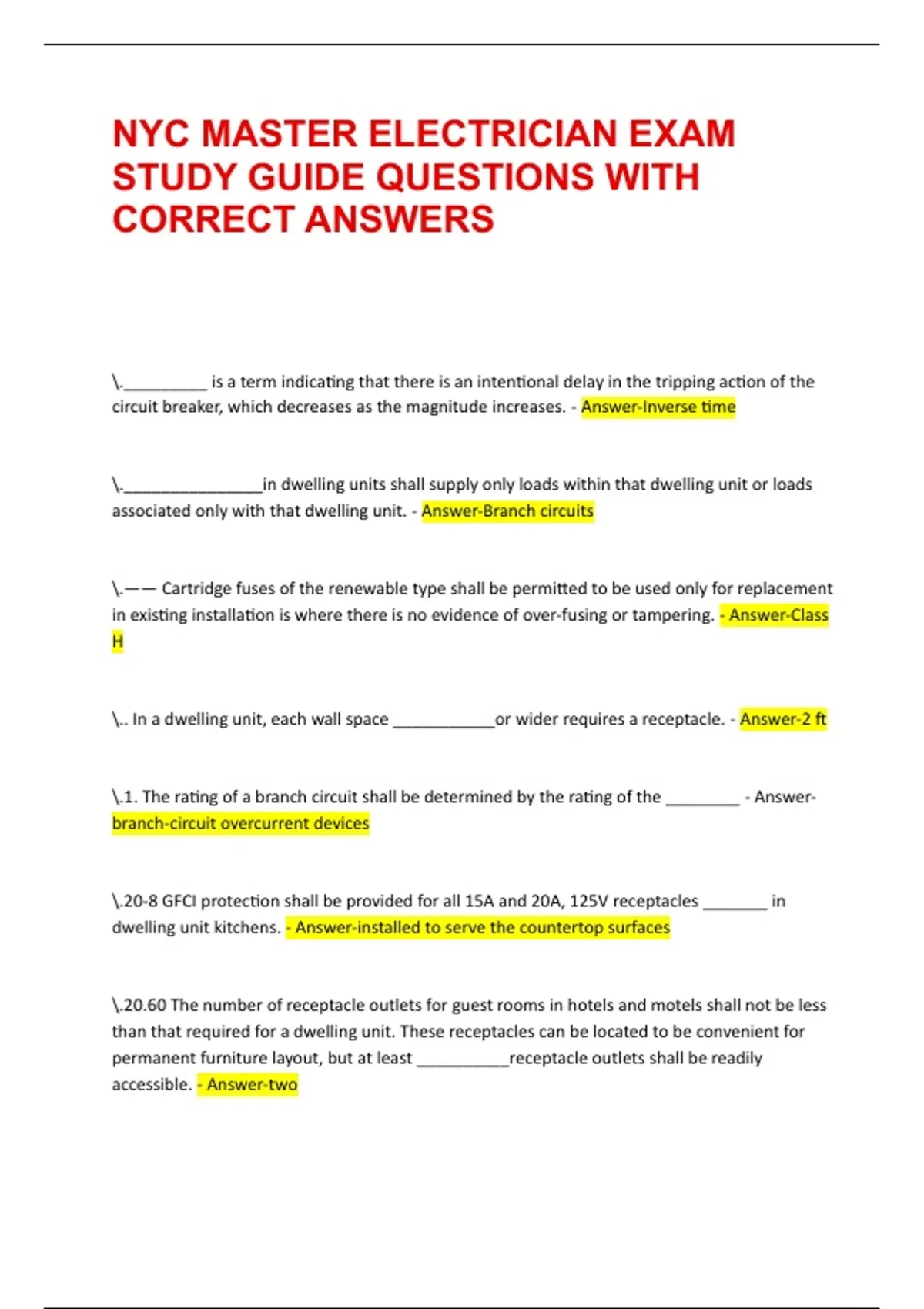 NYC MASTER ELECTRICIAN EXAM STUDY GUIDE QUESTIONS WITH CORRECT ANSWERS ...
