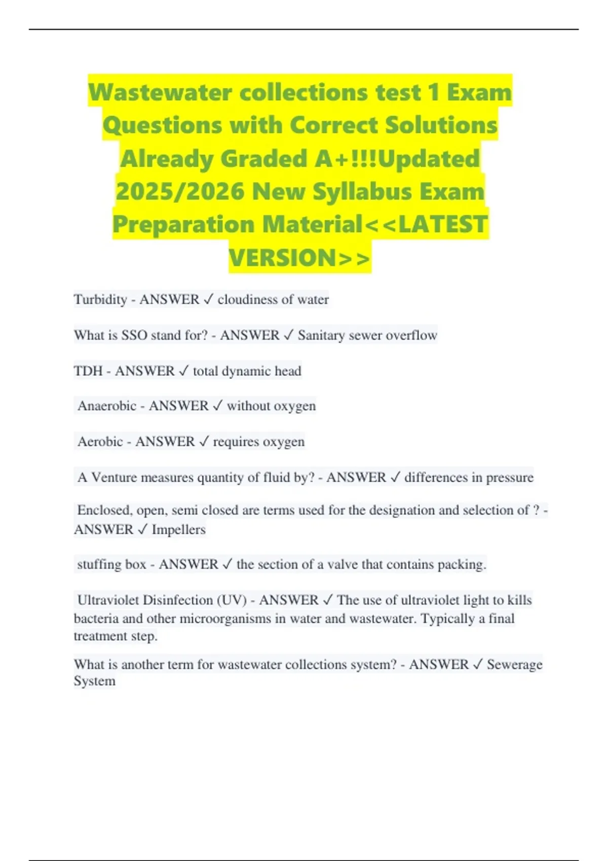 Wastewater collections test 1 Exam Questions with Correct Solutions ...