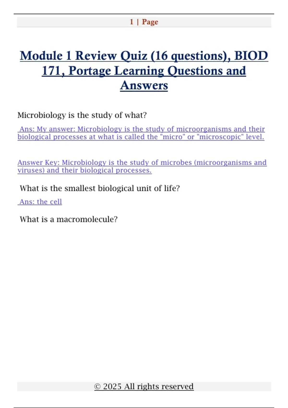 Module 1 Review Quiz (16 questions), BIOD 171, Portage Learning ...
