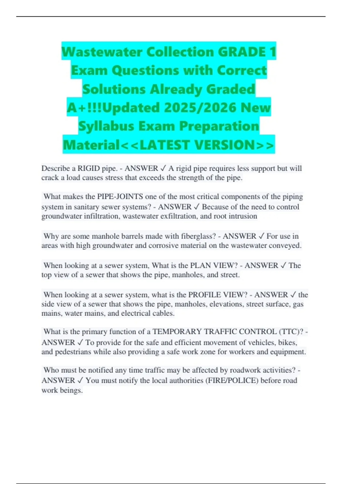 Wastewater Collection GRADE 1 Exam Questions with Correct Solutions ...