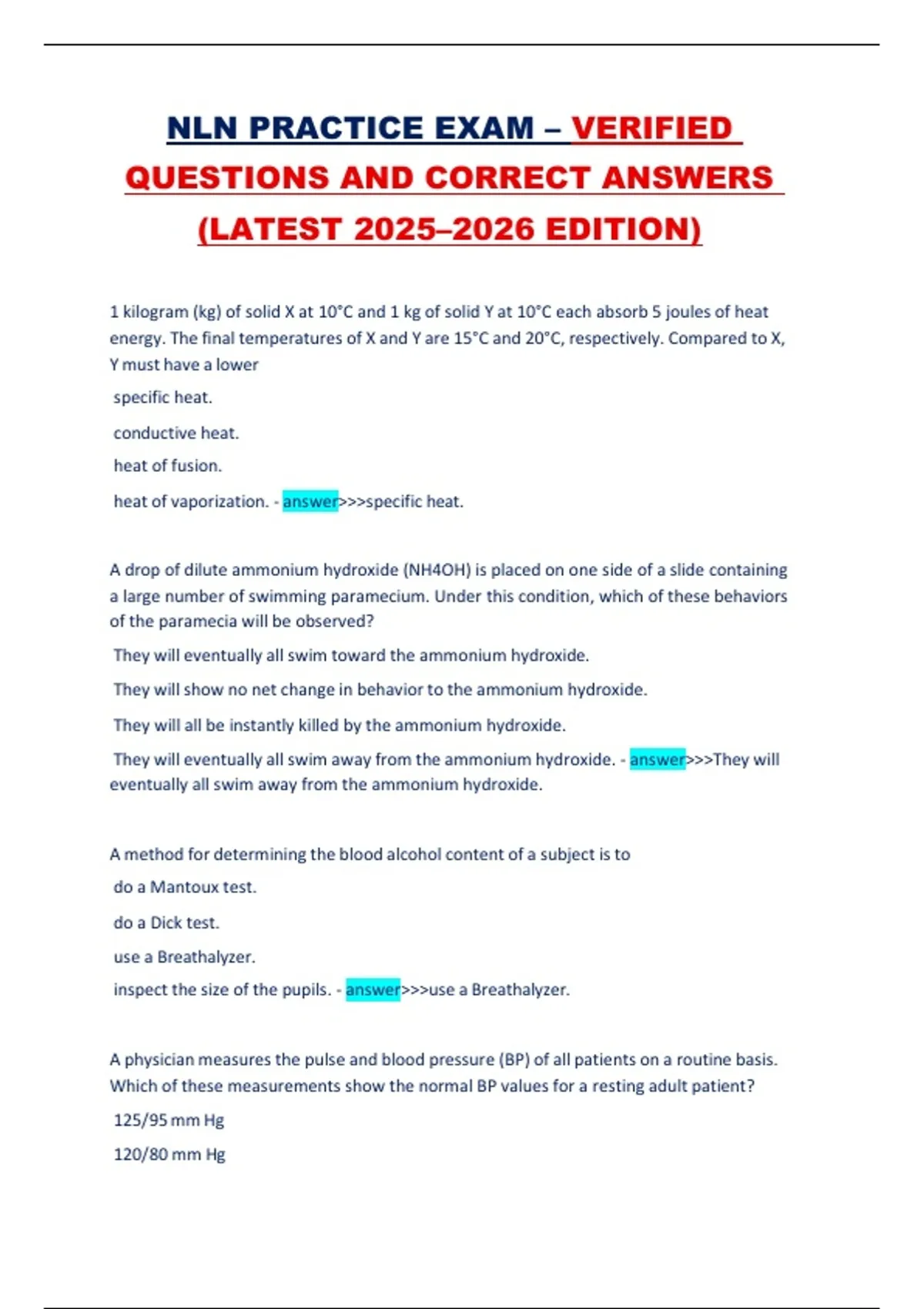 NLN PRACTICE EXAM – VERIFIED QUESTIONS AND CORRECT ANSWERS (LATEST 2025 ...
