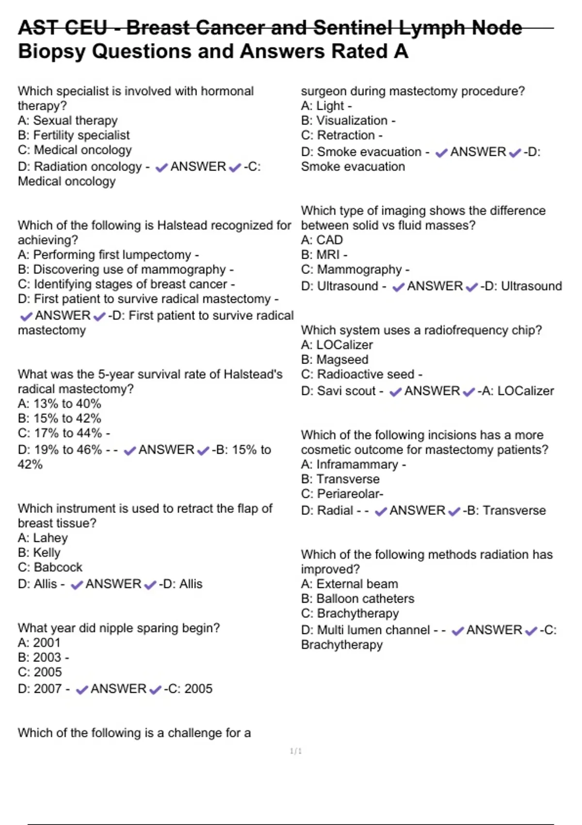 AST CEU - Breast Cancer and Sentinel Lymph Node Biopsy Questions and ...