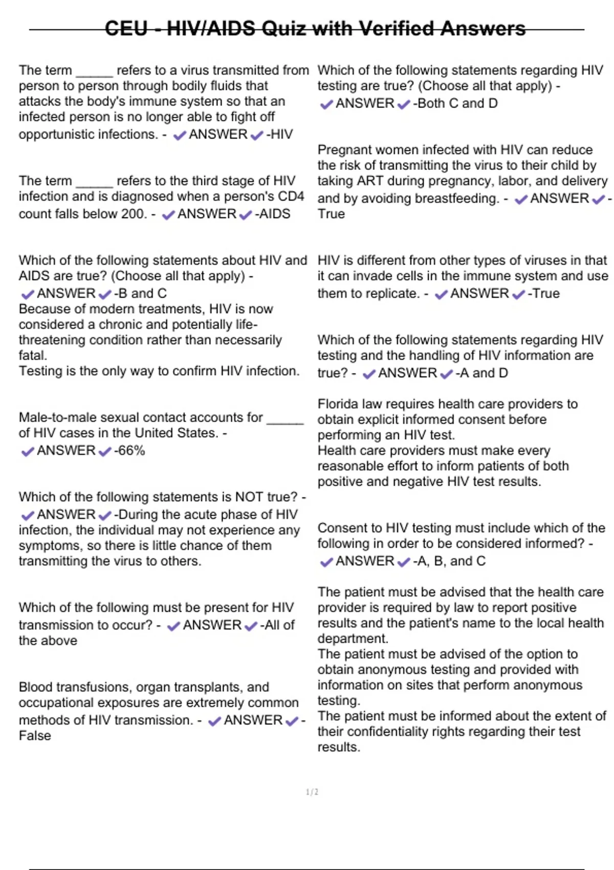 CEU - HIV/AIDS Quiz with Verified Answers - CEU - HIV/AIDS - Stuvia US