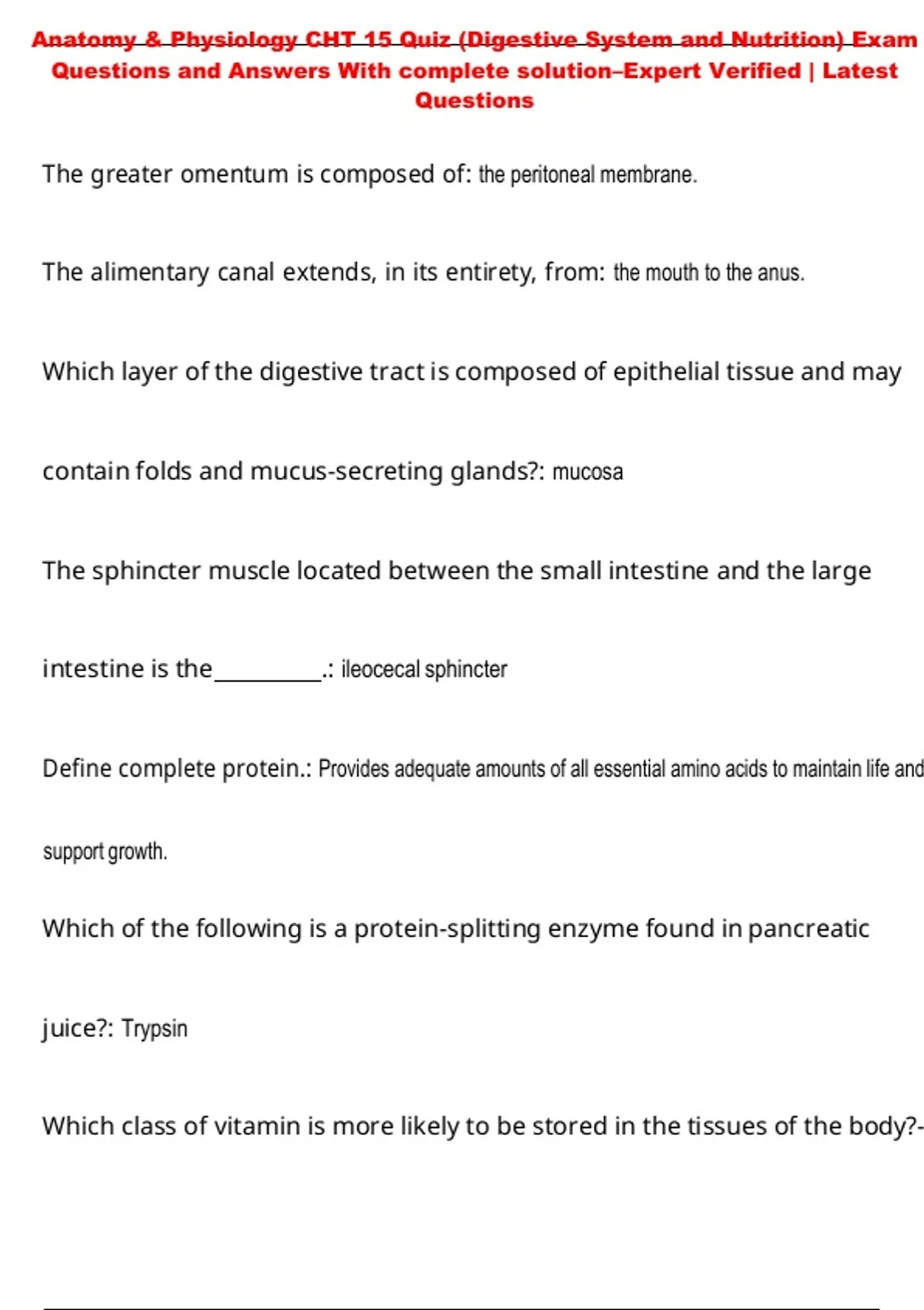 Anatomy & Physiology CHT 15 Quiz (Digestive System and Nutrition) Exam ...
