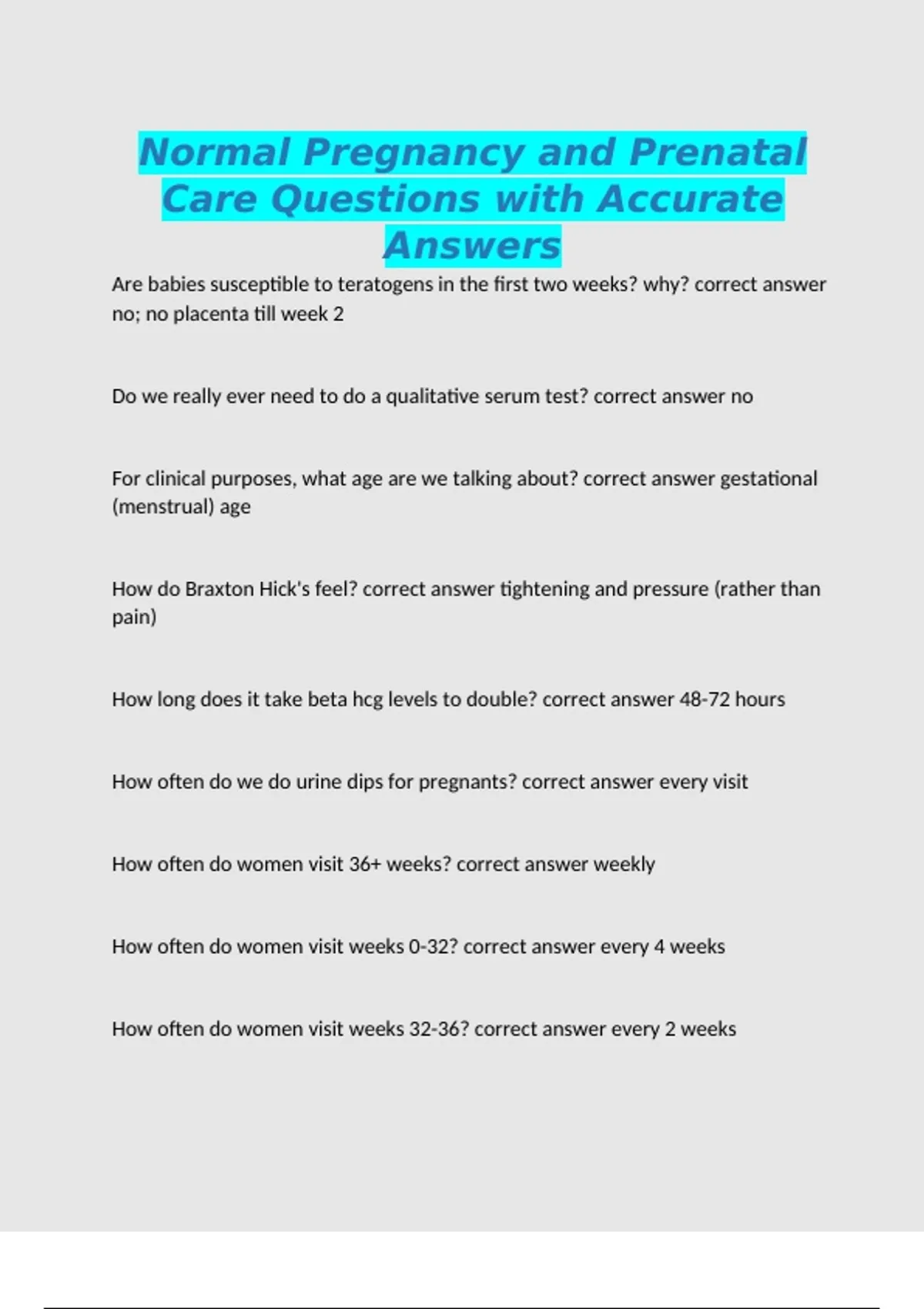 Normal Pregnancy and Prenatal Care Questions with Accurate Answers ...