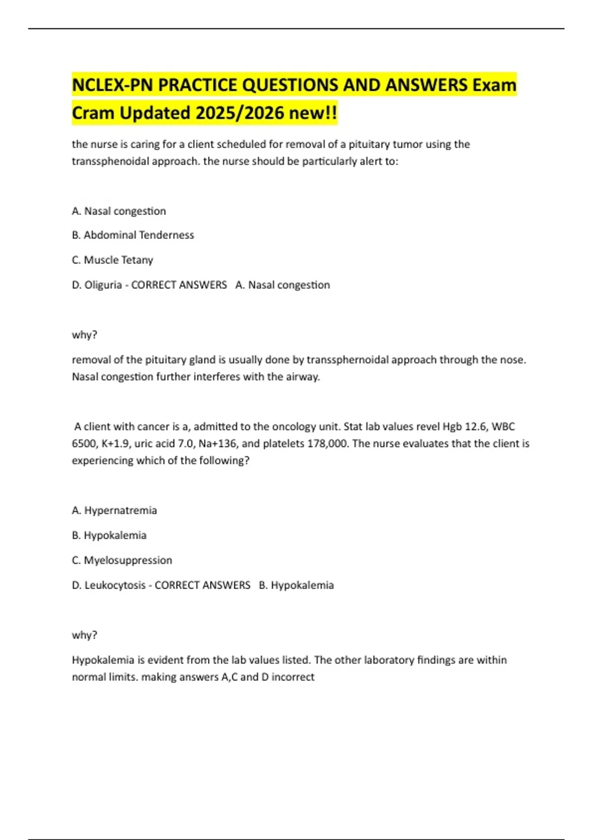 NCLEX-PN PRACTICE QUESTIONS AND ANSWERS Exam Cram Updated 2025/2026 new ...