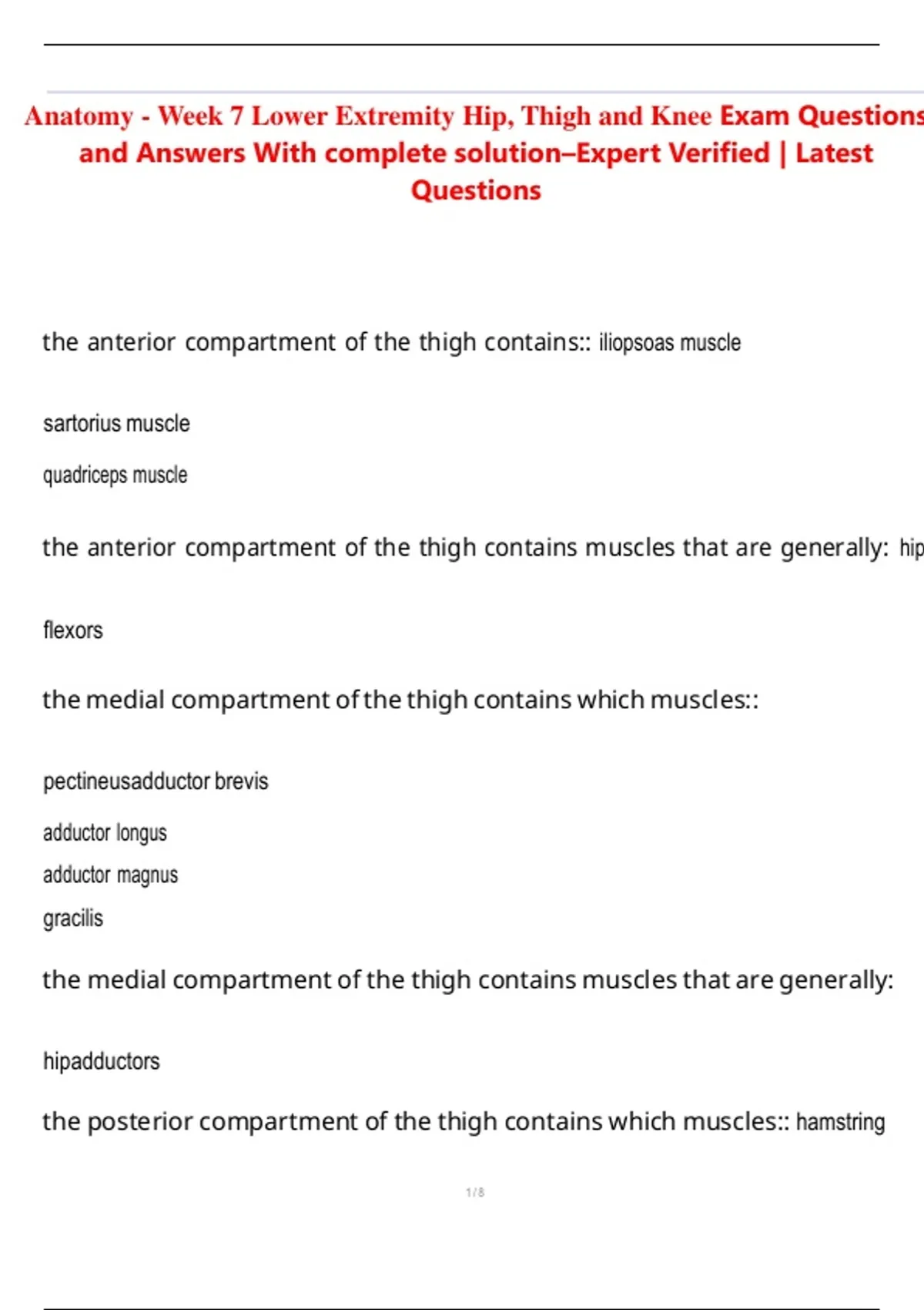 Anatomy - Week 7 Lower Extremity Hip, Thigh and Knee Exam Questions and ...