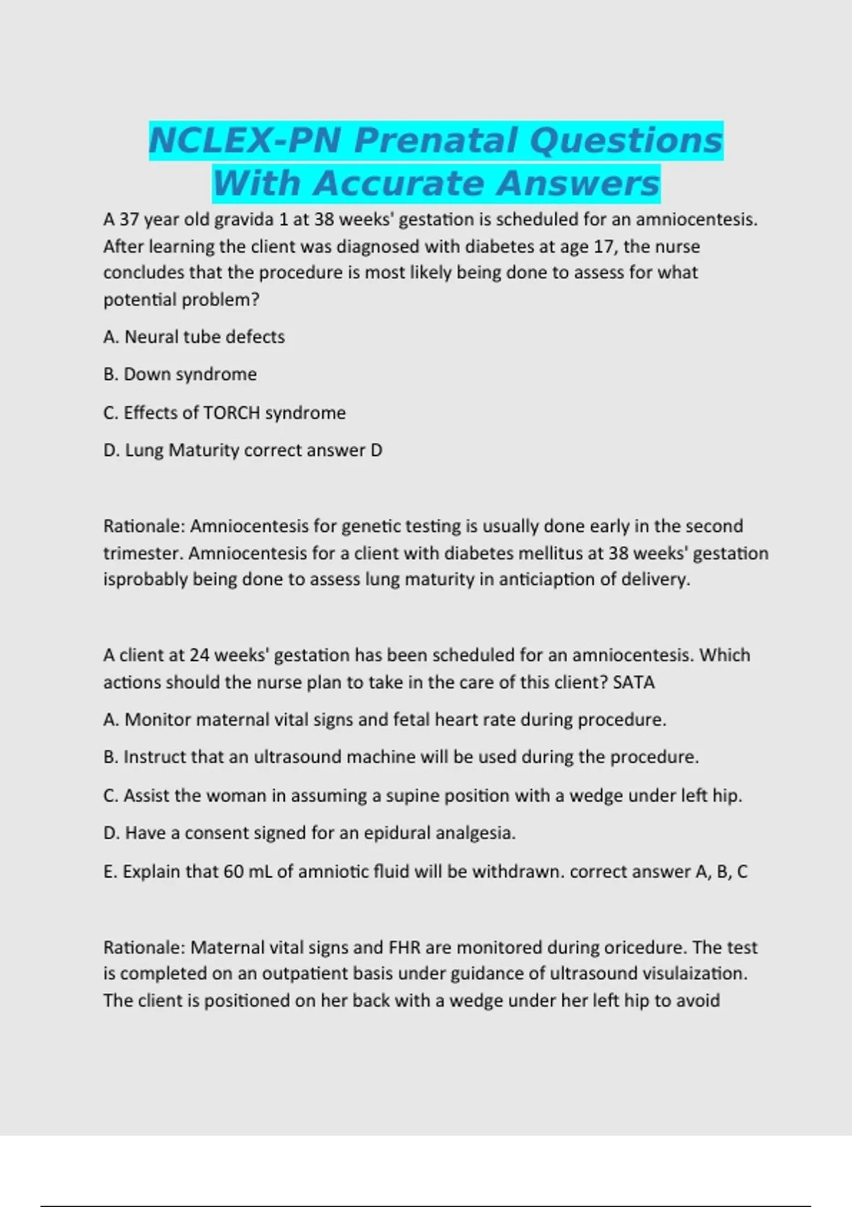 NCLEX-PN Prenatal Questions With Accurate Answers - Prenatal and Mental ...