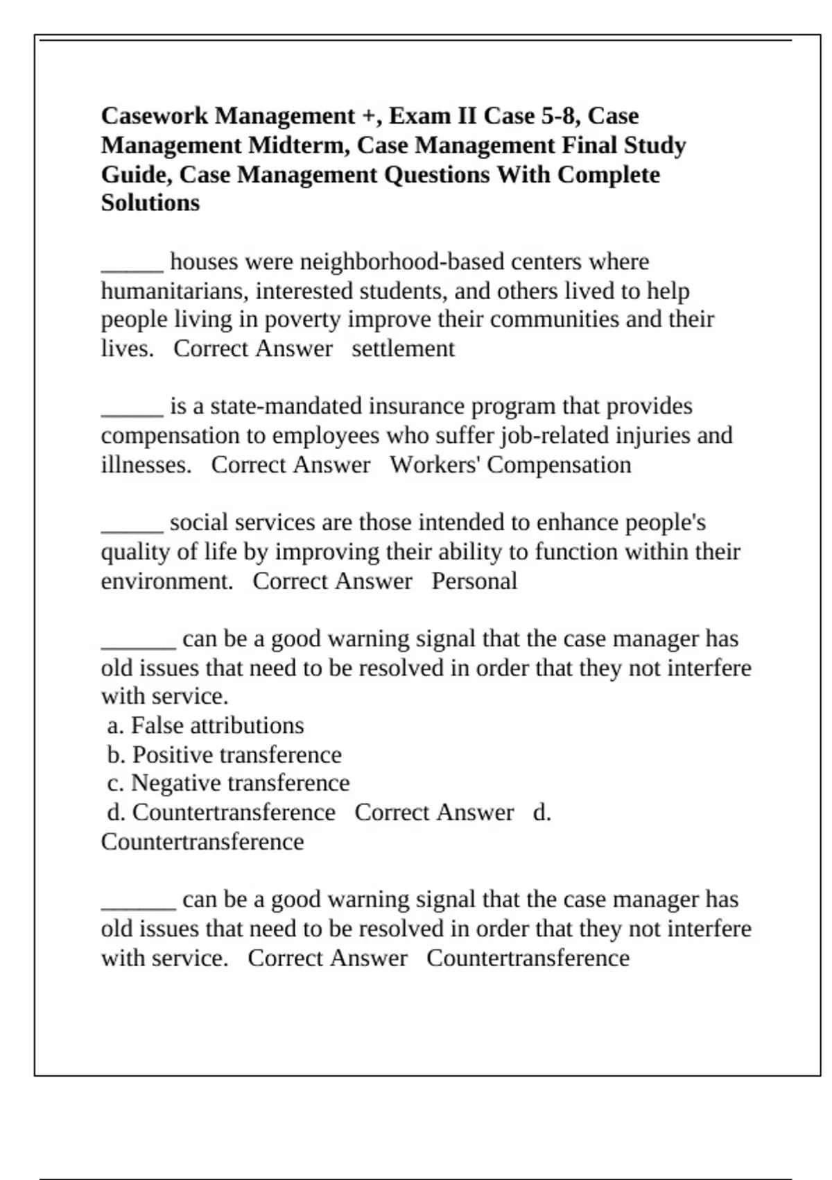 Casework Management +, Exam II Case 5-8, Case Management Midterm, Case Management Final Study ...