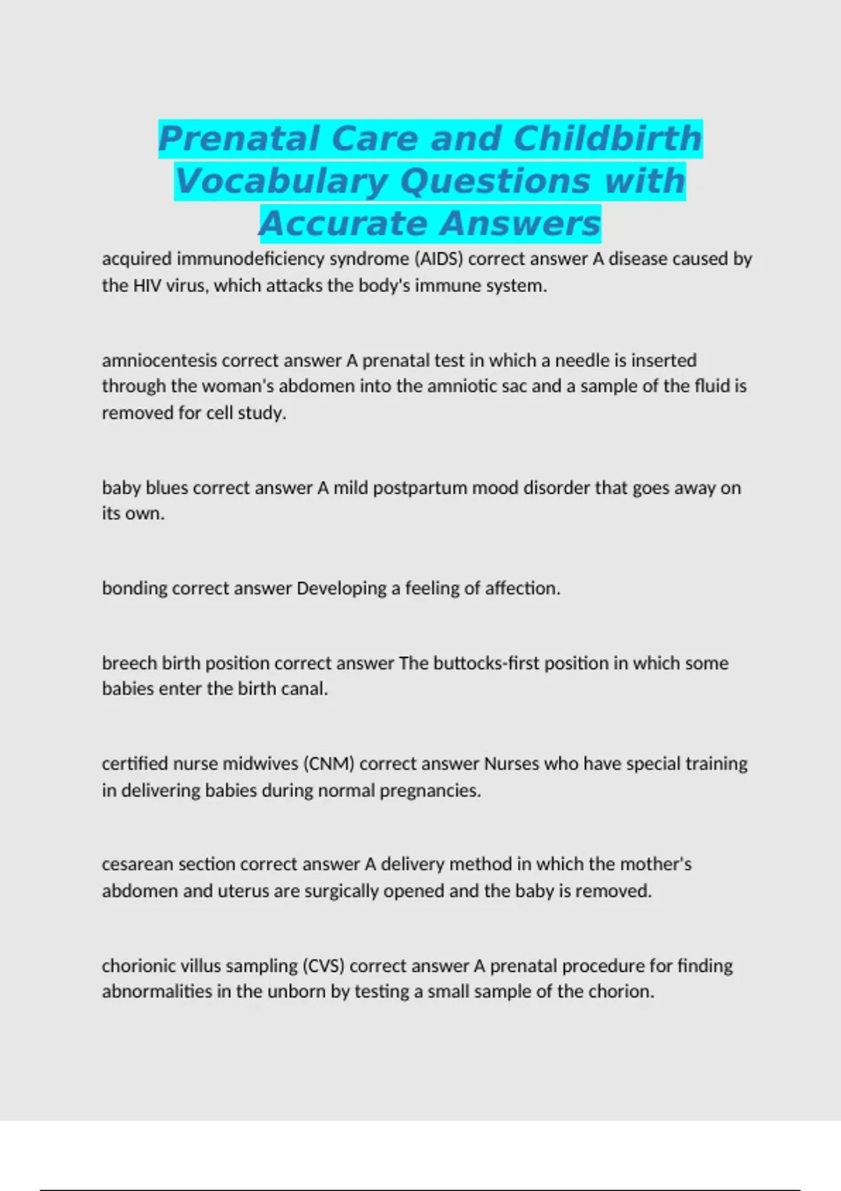 Prenatal Care and Childbirth Vocabulary Questions with Accurate Answers ...