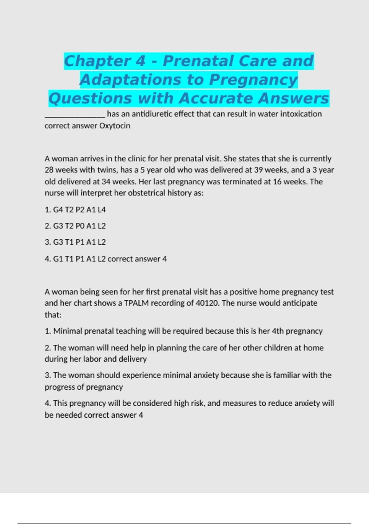 Chapter 4 - Prenatal Care and Adaptations to Pregnancy Questions with ...