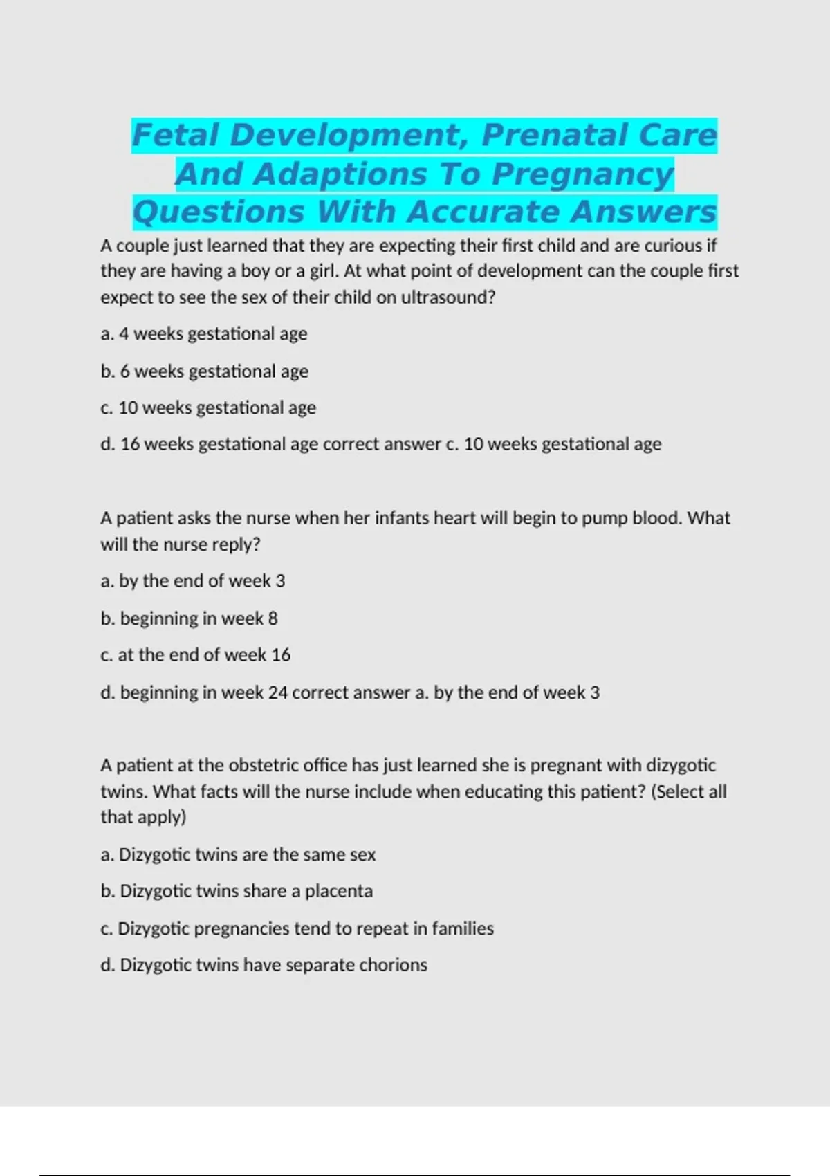 Fetal Development, Prenatal Care And Adaptions To Pregnancy Questions ...