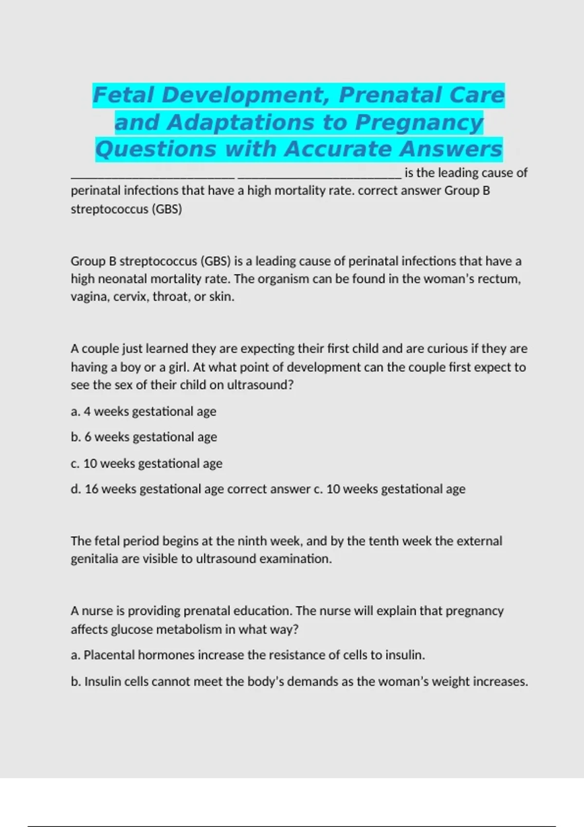 Fetal Development, Prenatal Care and Adaptations to Pregnancy Questions ...