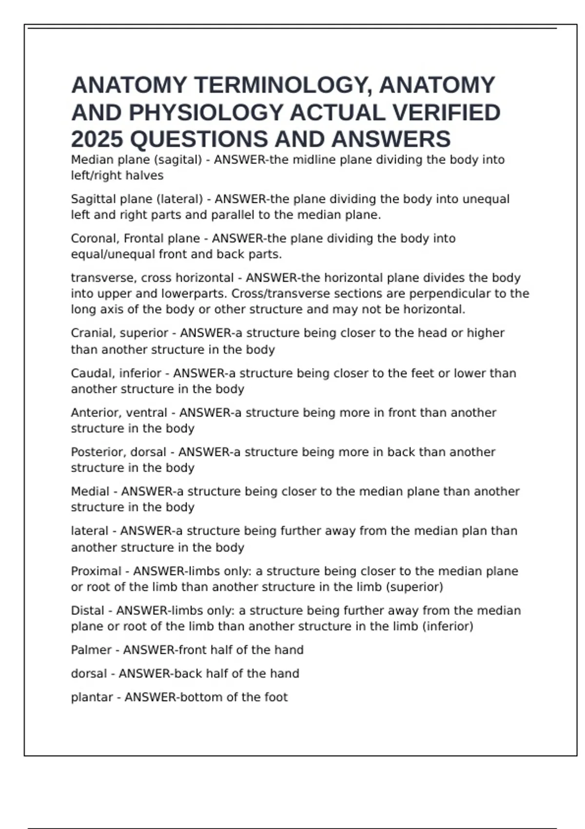 ANATOMY TERMINOLOGY, ANATOMY AND PHYSIOLOGY ACTUAL VERIFIED 2025 ...