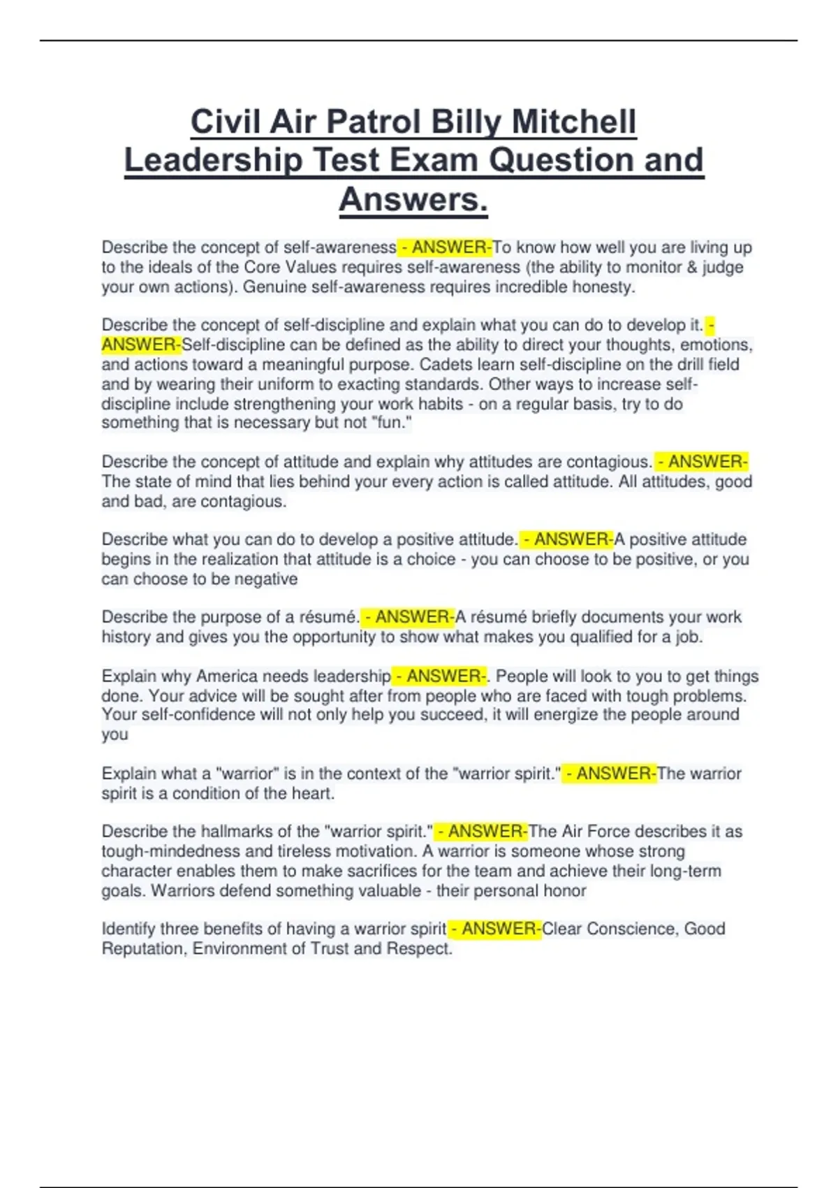 Civil Air Patrol Billy Mitchell Leadership Test Exam Question and ...