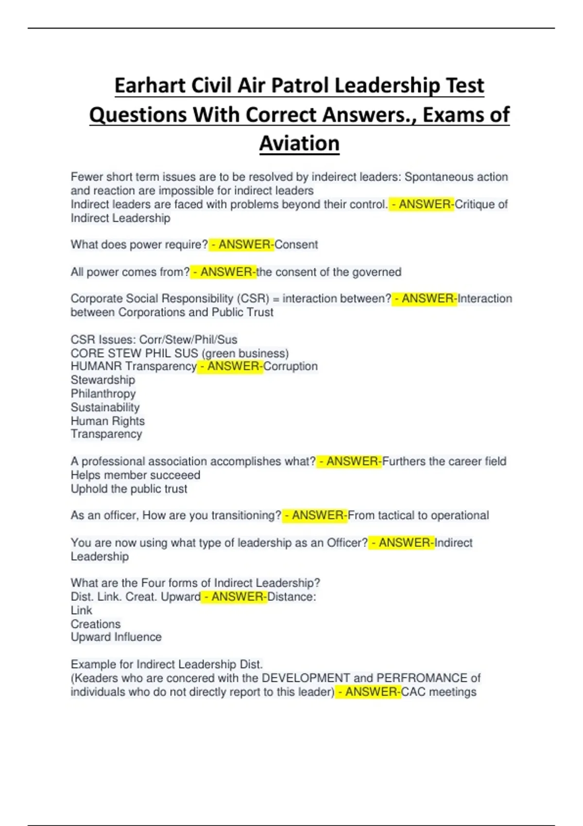 Earhart Civil Air Patrol Leadership Test Questions With Correct Answers ...
