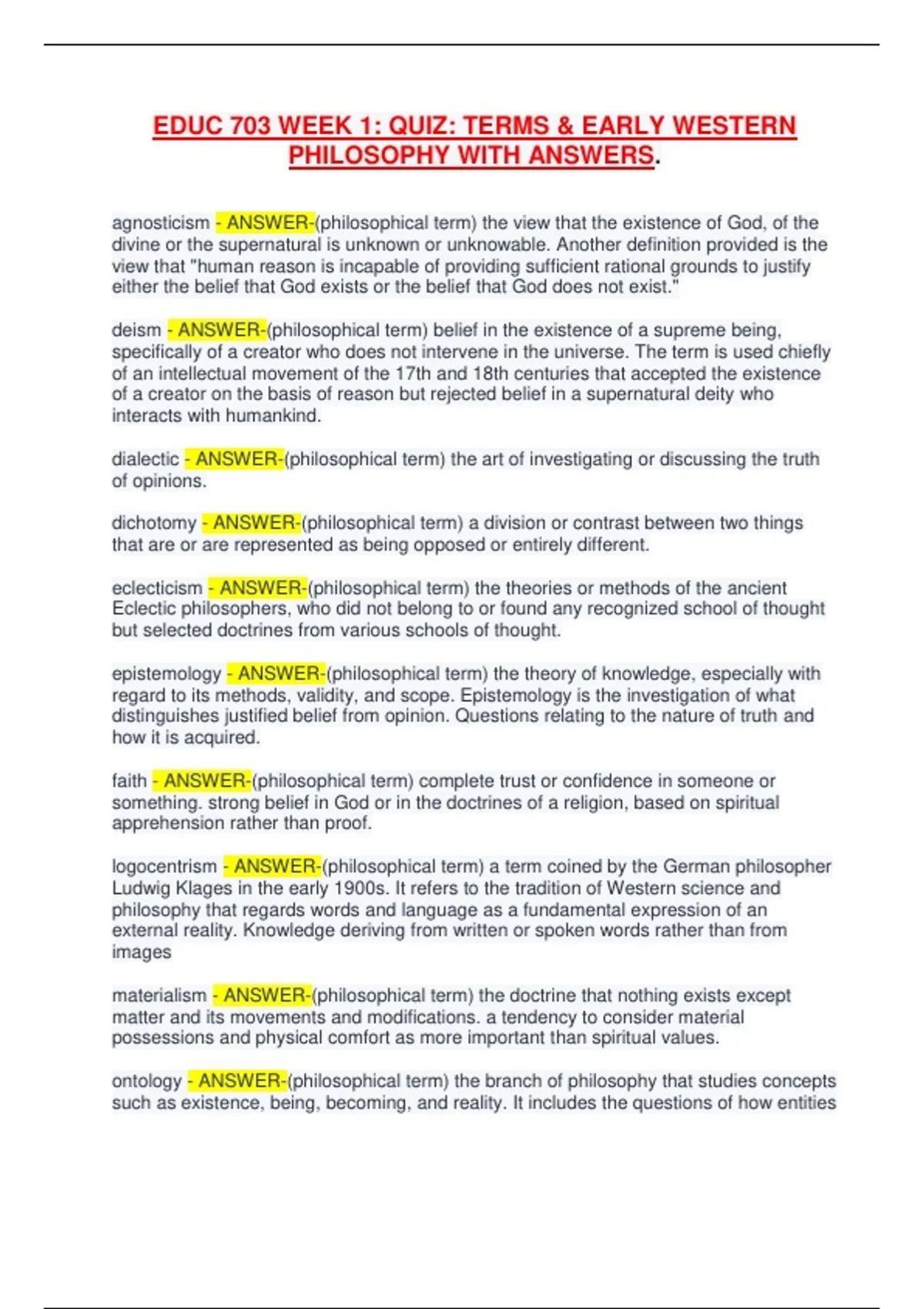EDUC 703 WEEK 1: QUIZ: TERMS & EARLY WESTERN PHILOSOPHY WITH ANSWERS ...