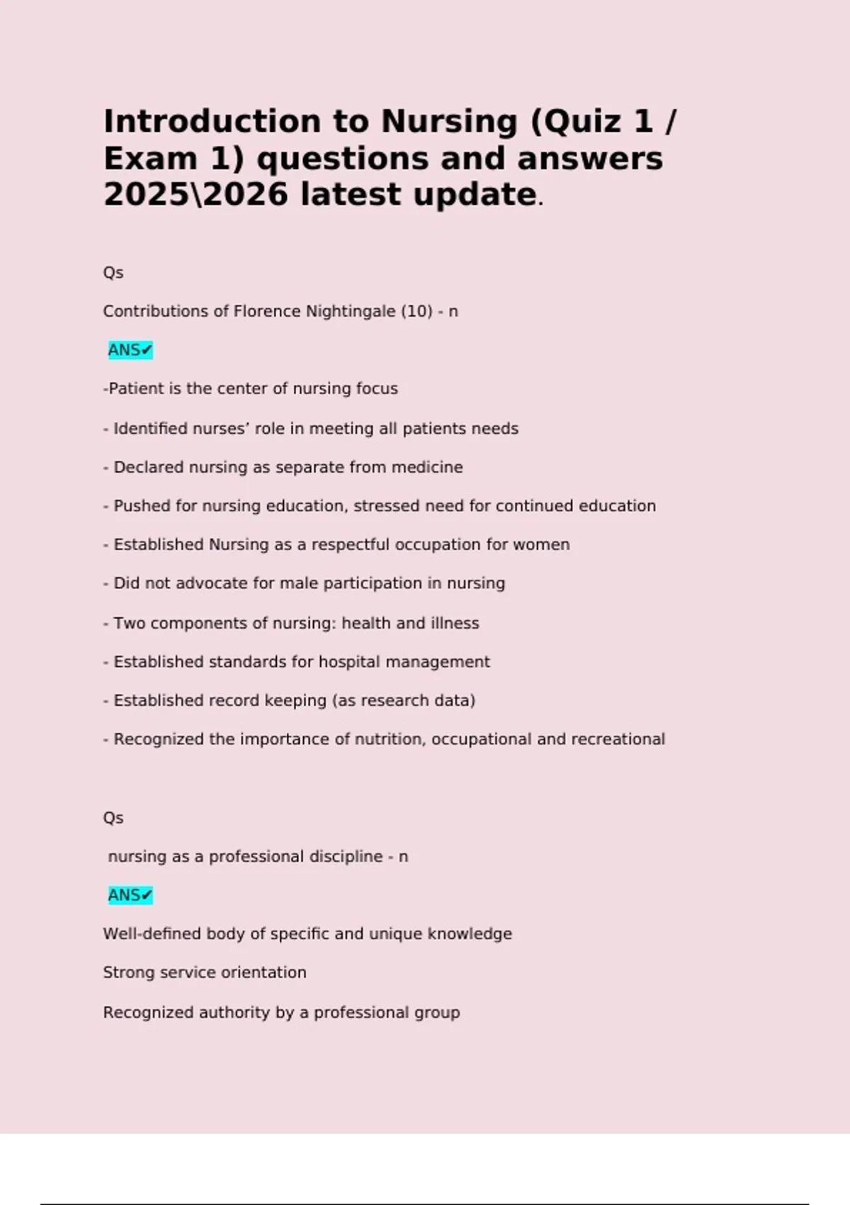 Introduction to Nursing (Quiz 1 / Exam 1) questions and answers latest ...