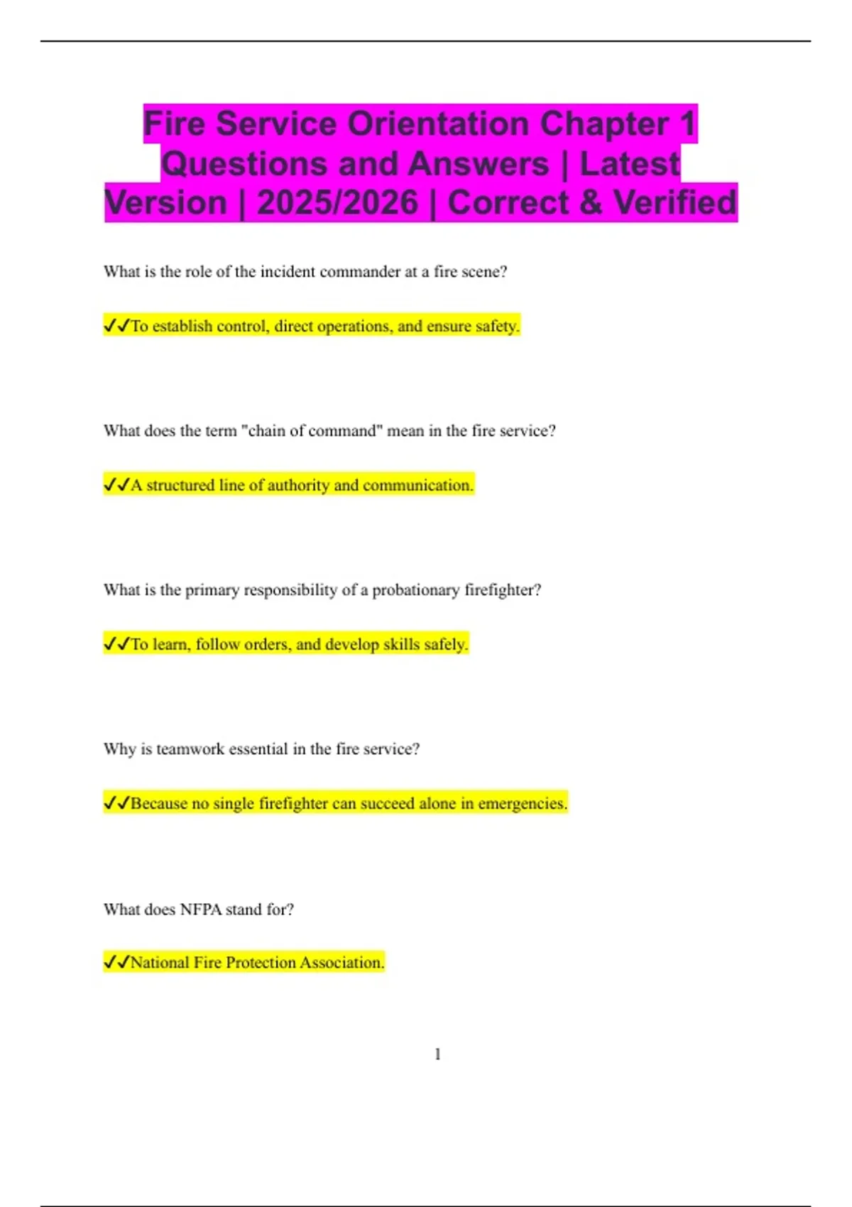 Fire Service Orientation Chapter 1 Questions and Answers | Latest ...