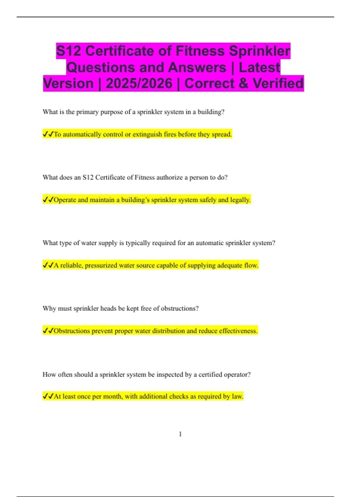 S12 Certificate of Fitness Sprinkler Questions and Answers | Latest ...