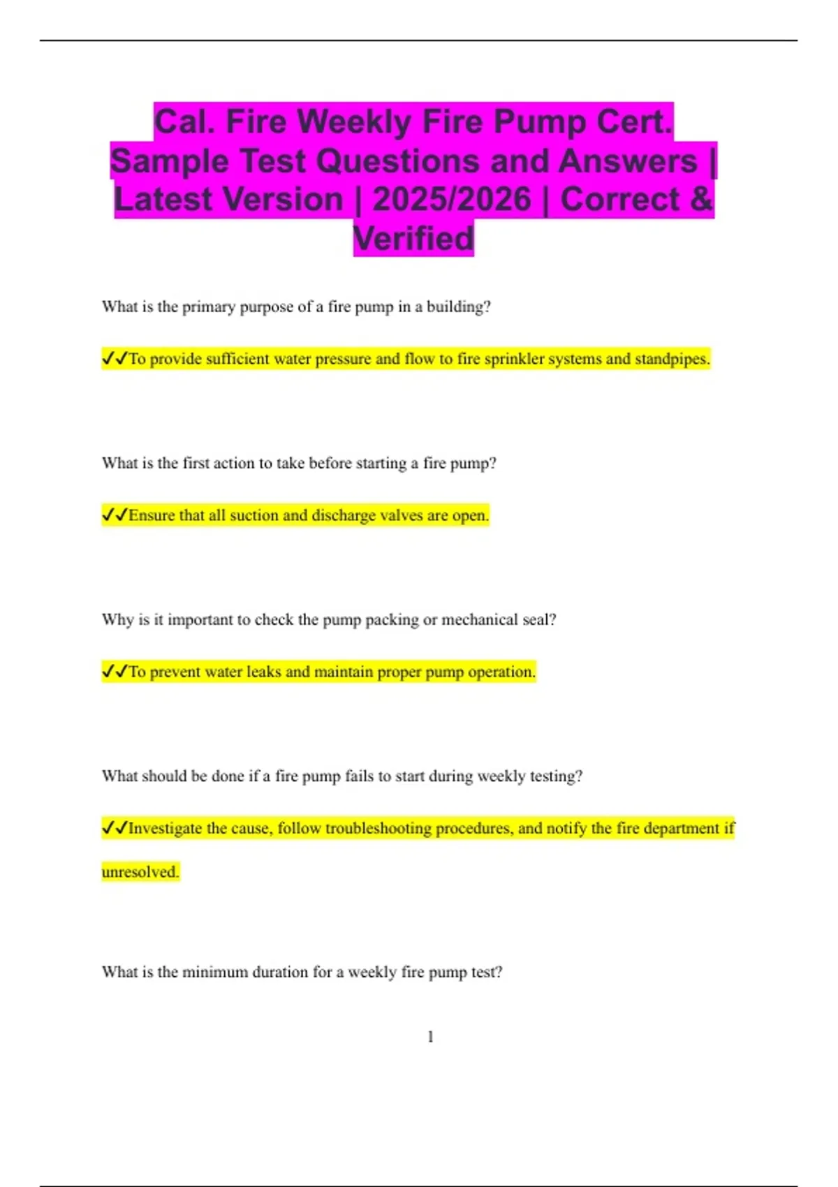 Cal. Fire Weekly Fire Pump Cert. Sample Test Questions and Answers ...