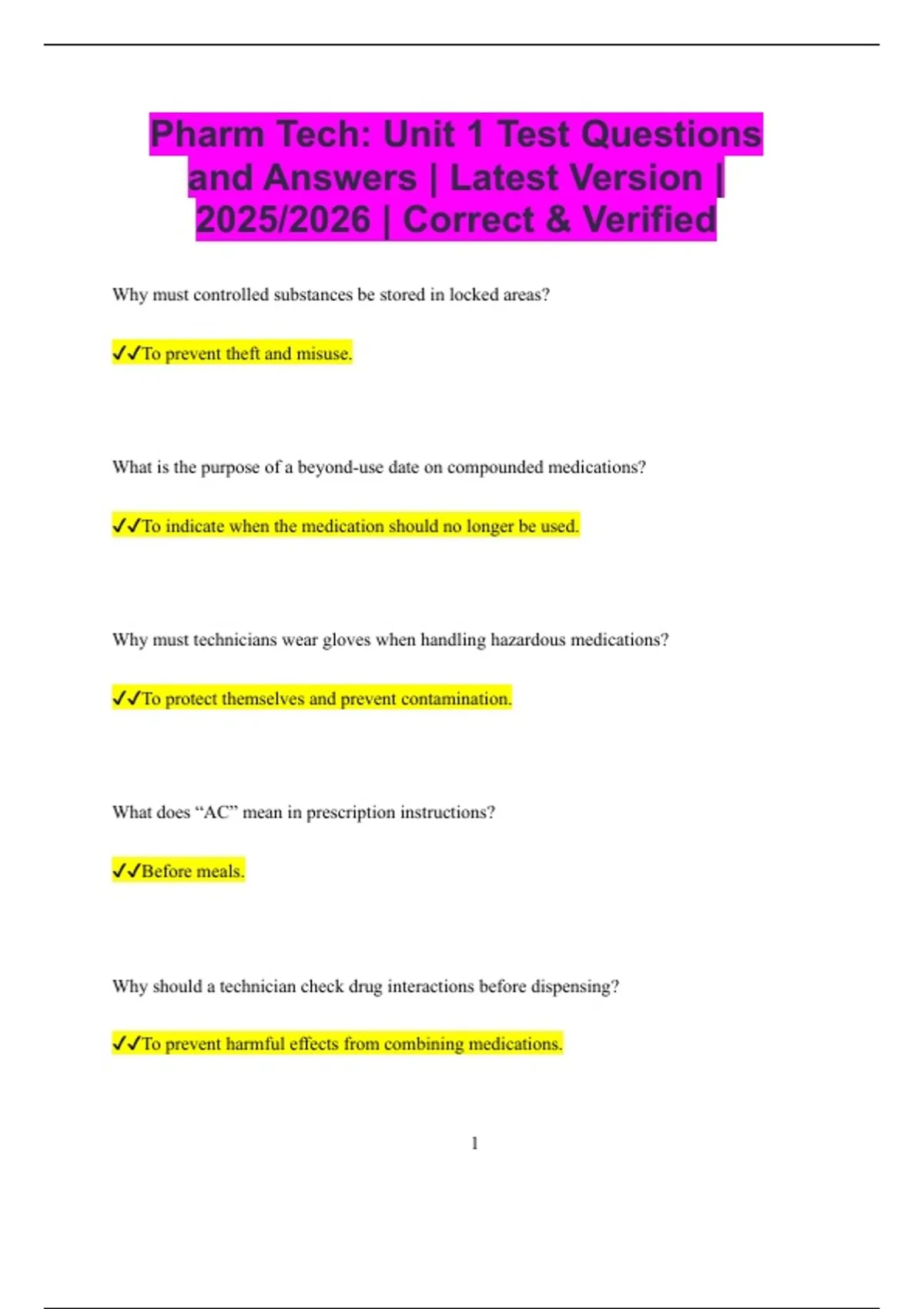 Pharm Tech: Unit 1 Test Questions and Answers | Latest Version | 2025/ ...