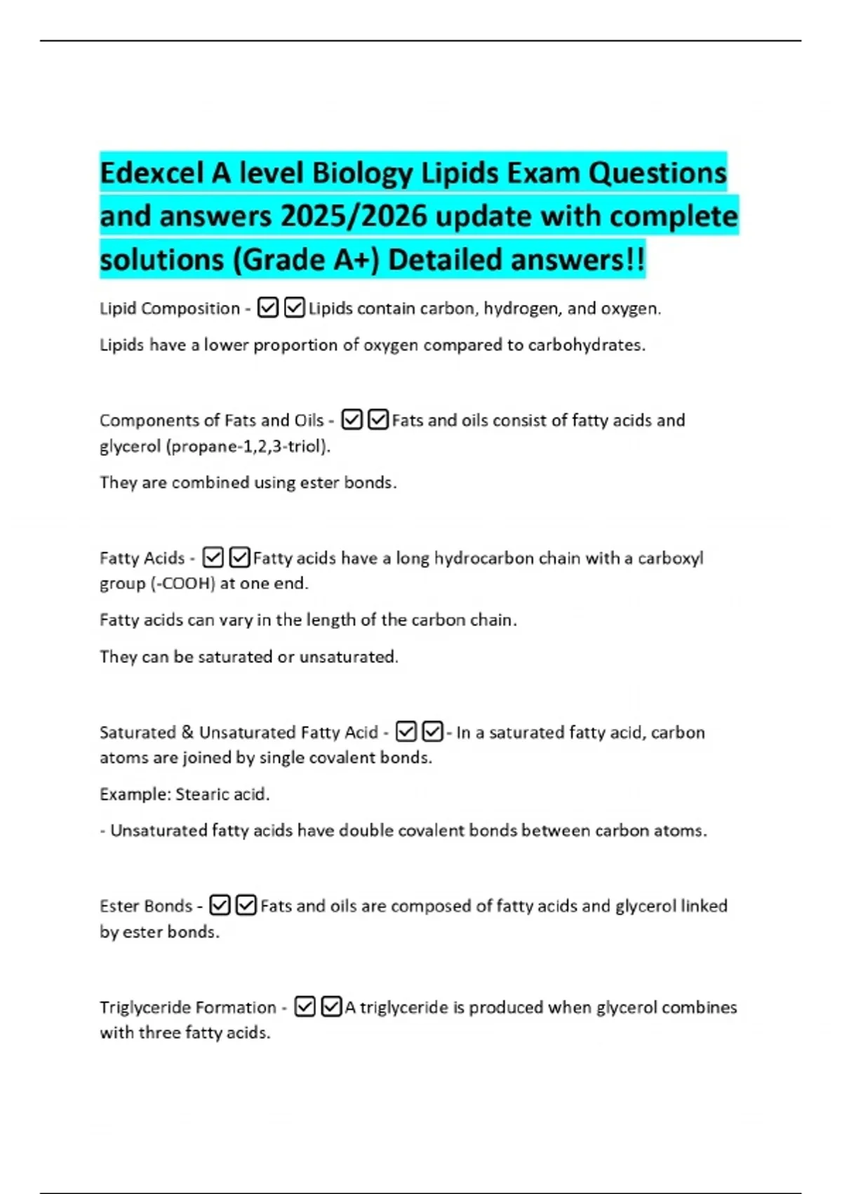 Edexcel A level Biology Lipids Exam Questions and answers 2025/2026 ...