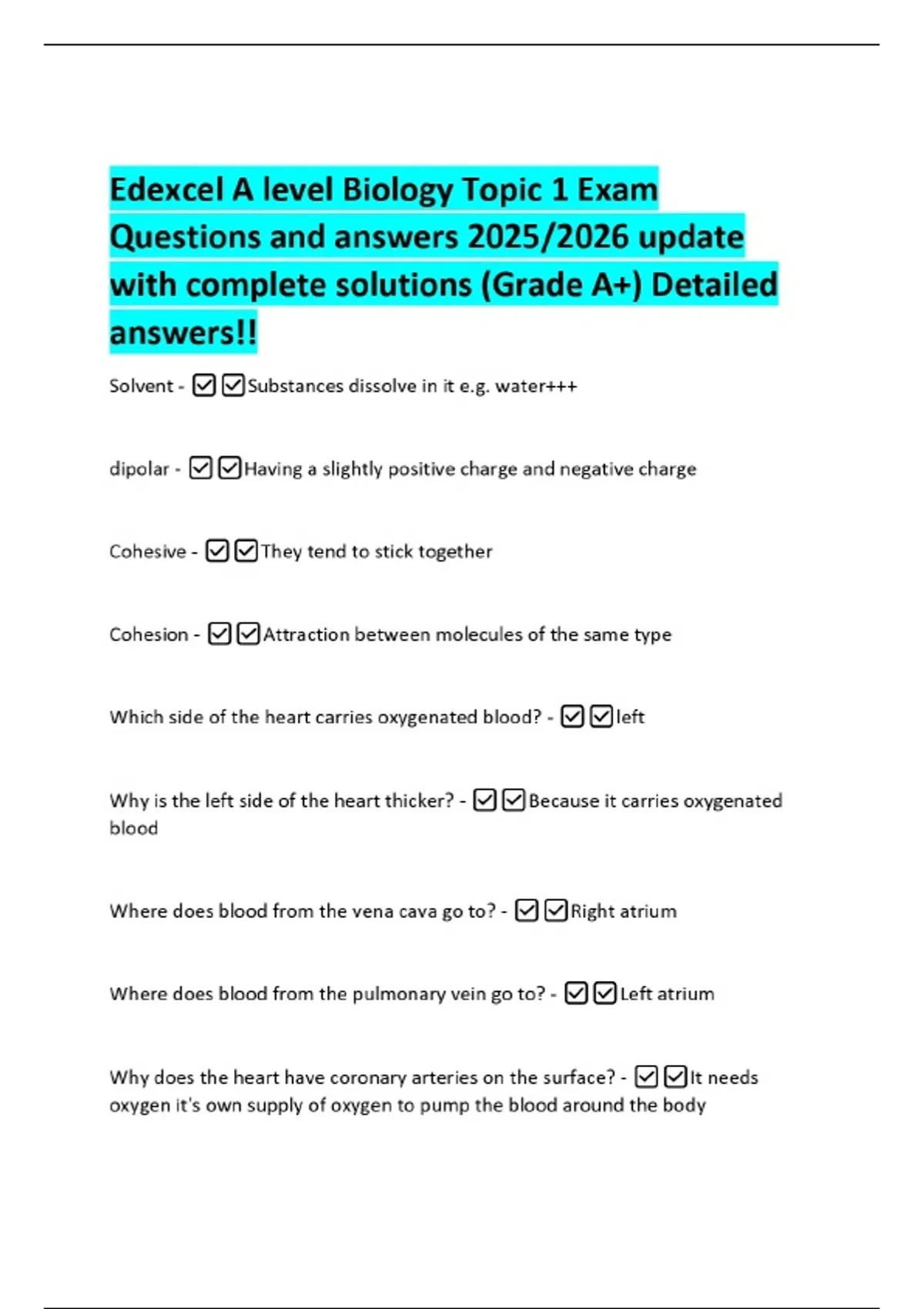 Edexcel A level Biology Topic 1 Exam Questions and answers 2025/2026 ...
