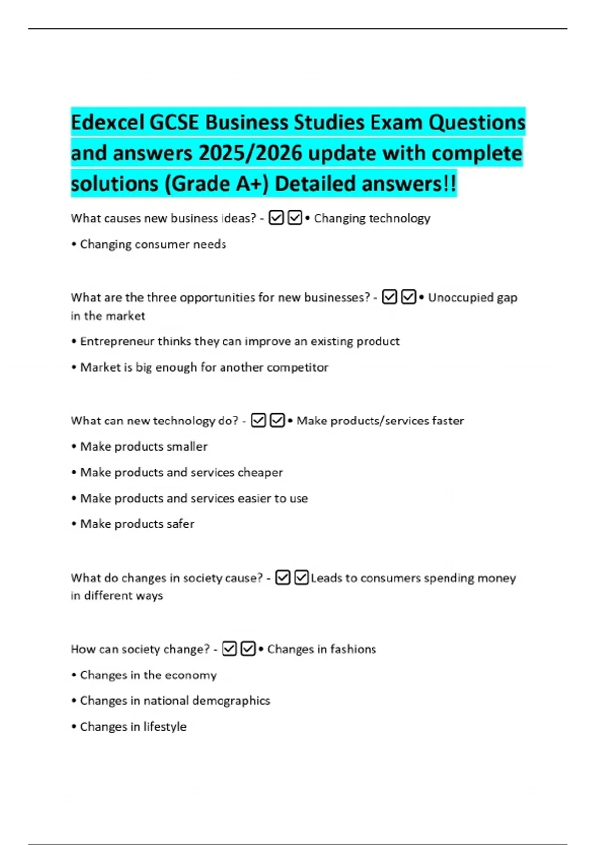 Edexcel GCSE Business Studies Exam Questions and answers 2025/2026 ...