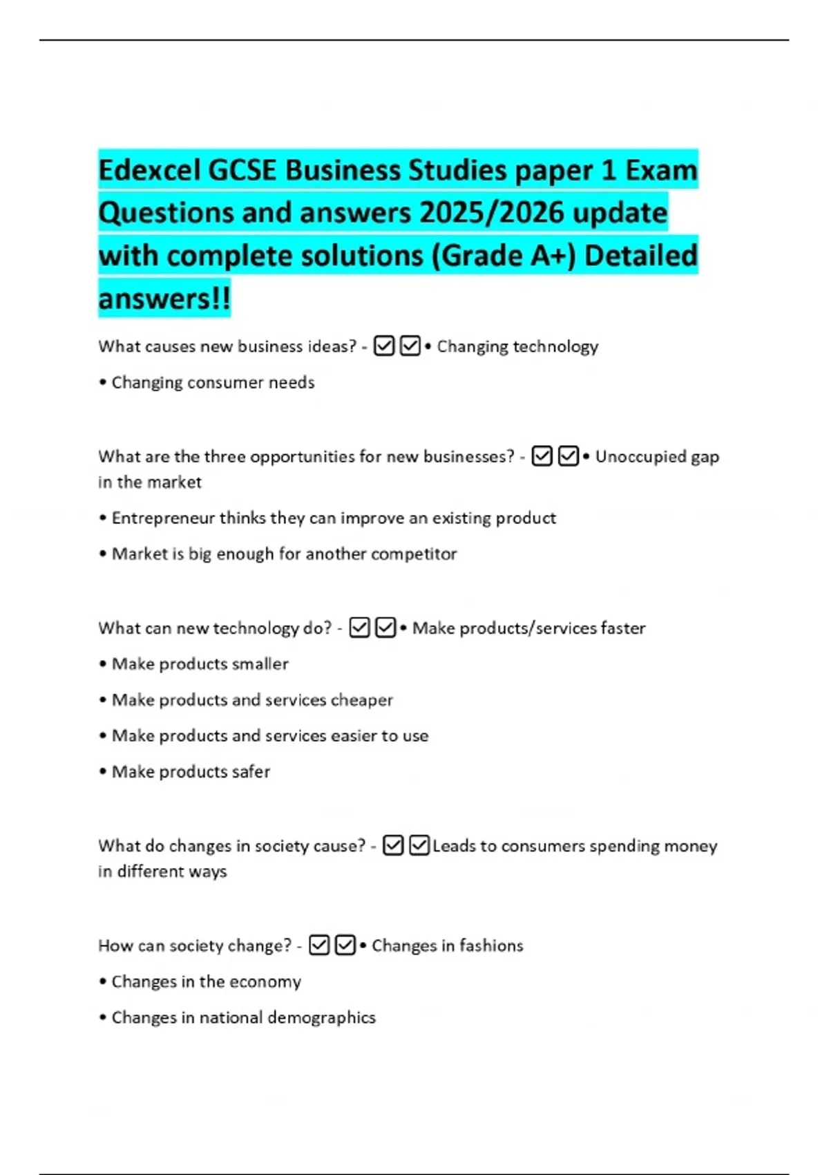 Edexcel GCSE Business Studies paper 1 Exam Questions and answers 2025/ ...
