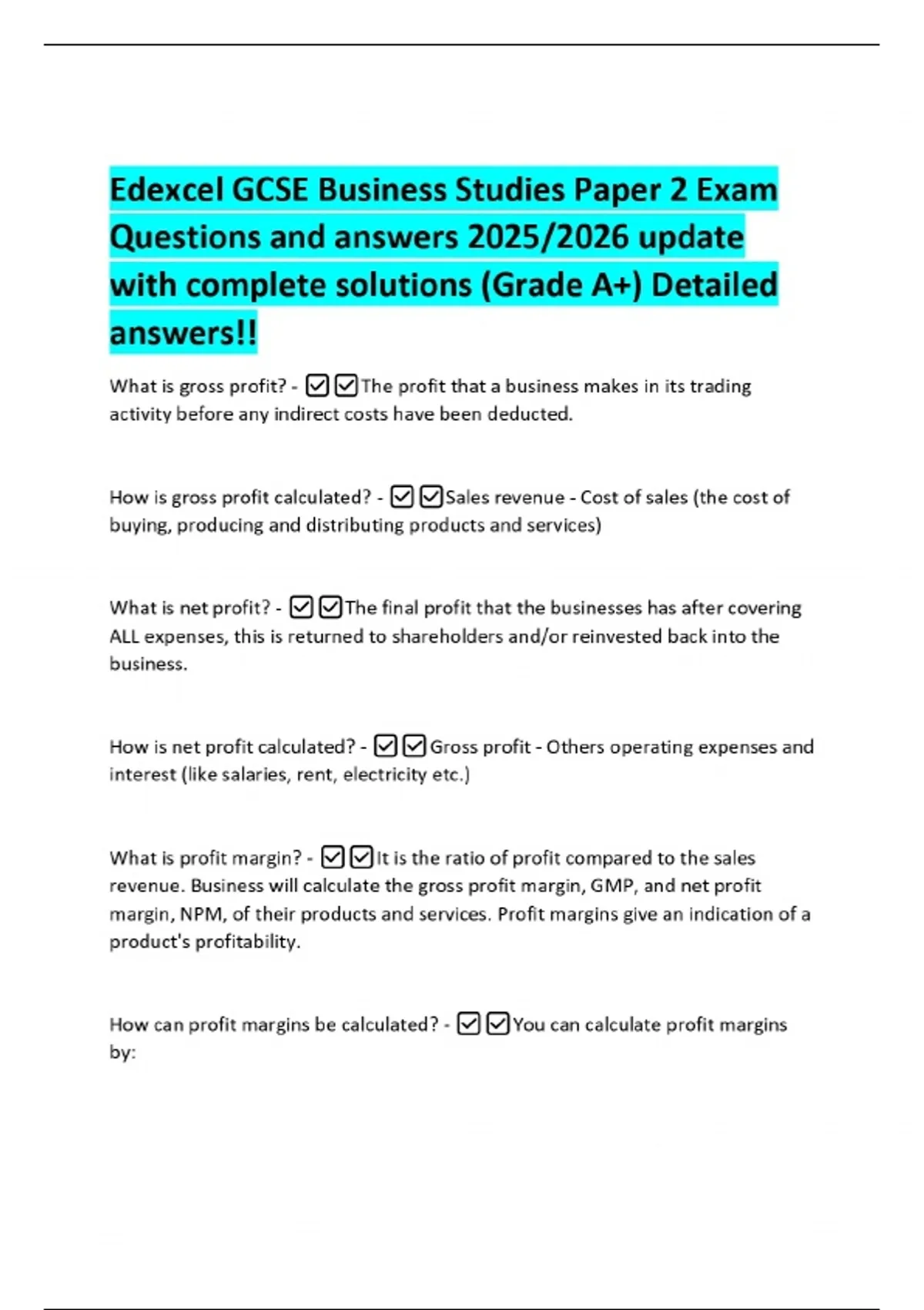 Edexcel GCSE Business Studies Paper 2 Exam Questions and answers 2025/ ...